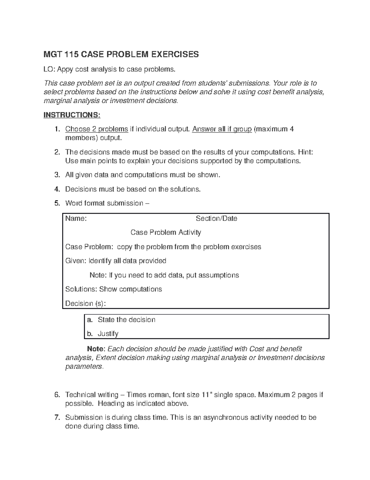 MGT 115 CASE Problem Exercises SEC4 - MGT 115 CASE PROBLEM EXERCISES LO ...