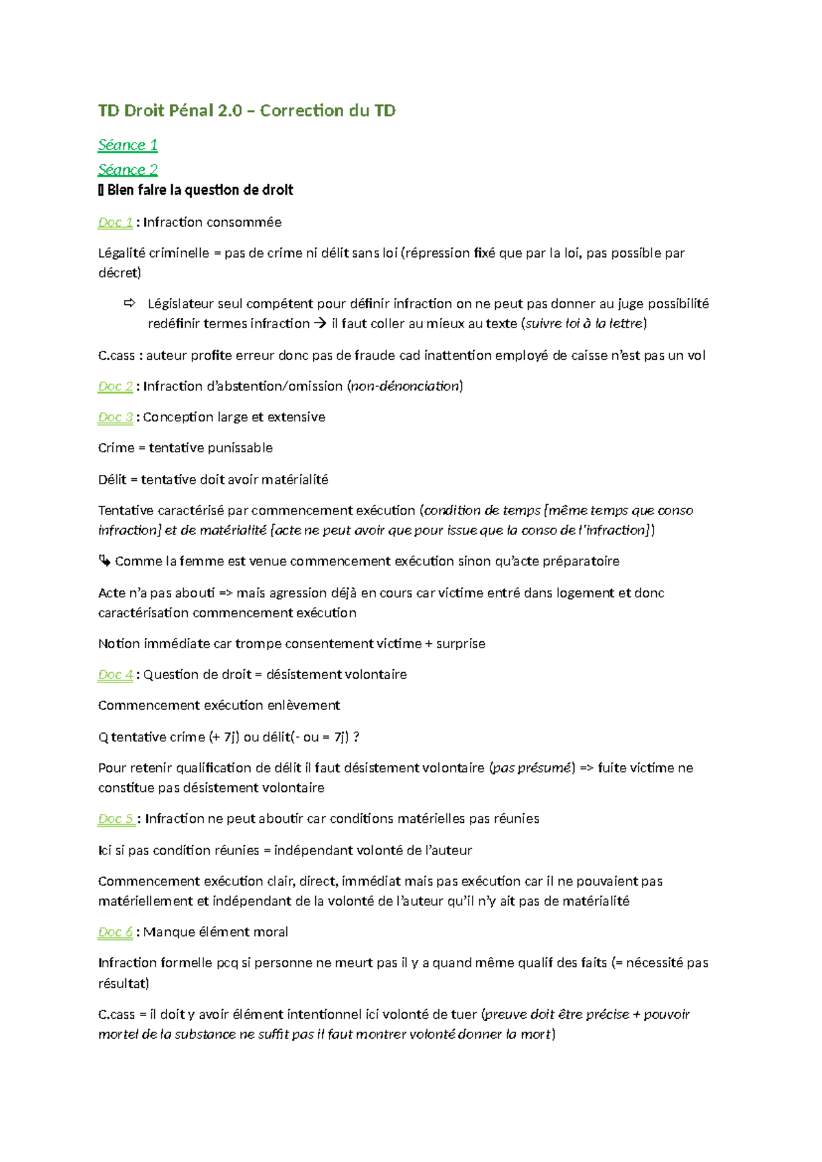 TD DP 2.0 Correction - TD Droit Pénal 2 – Correction du TD Séance 1 Séance 2 Bien faire la - Studocu