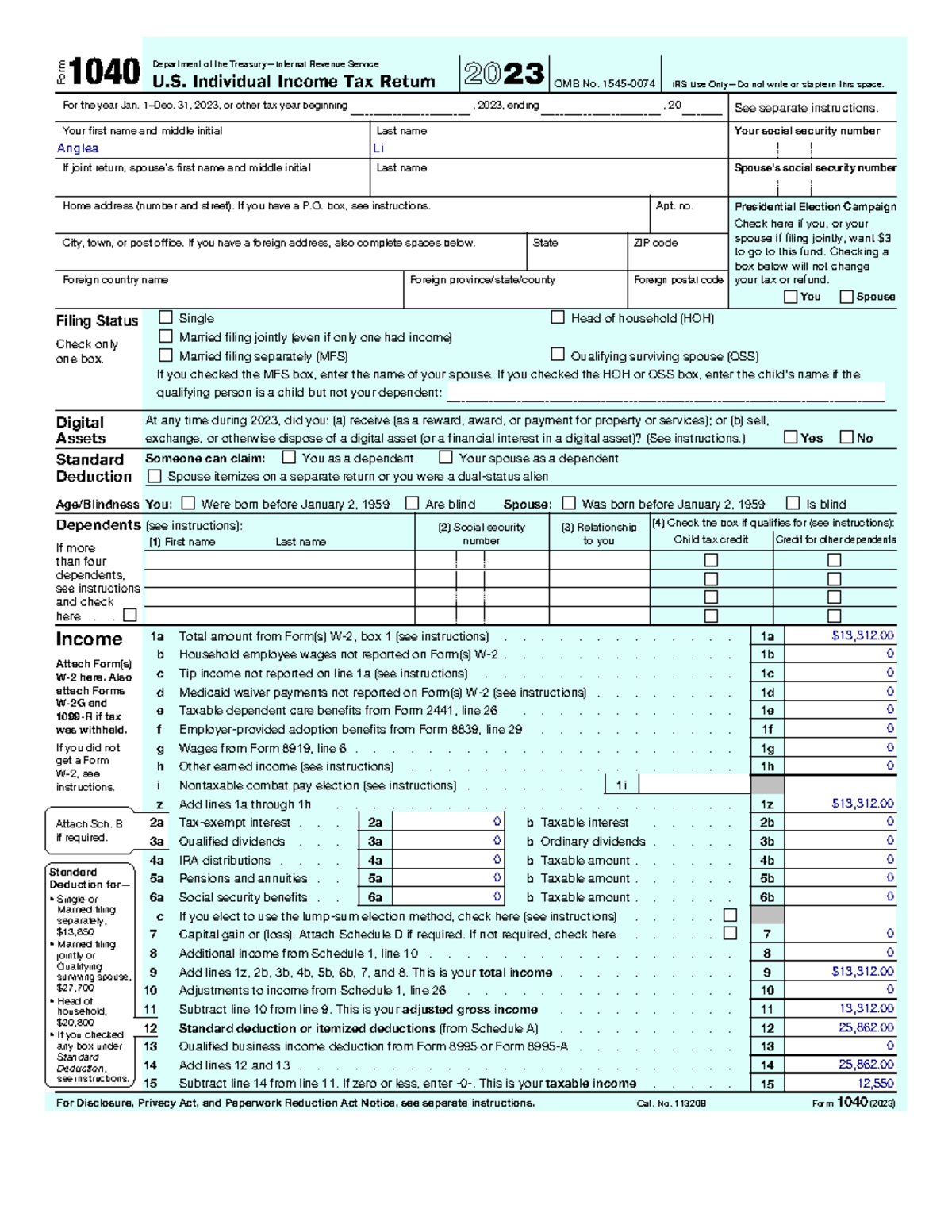 F1040 ( Anglea) - class example of 4010 paper, all are correct - Form ...