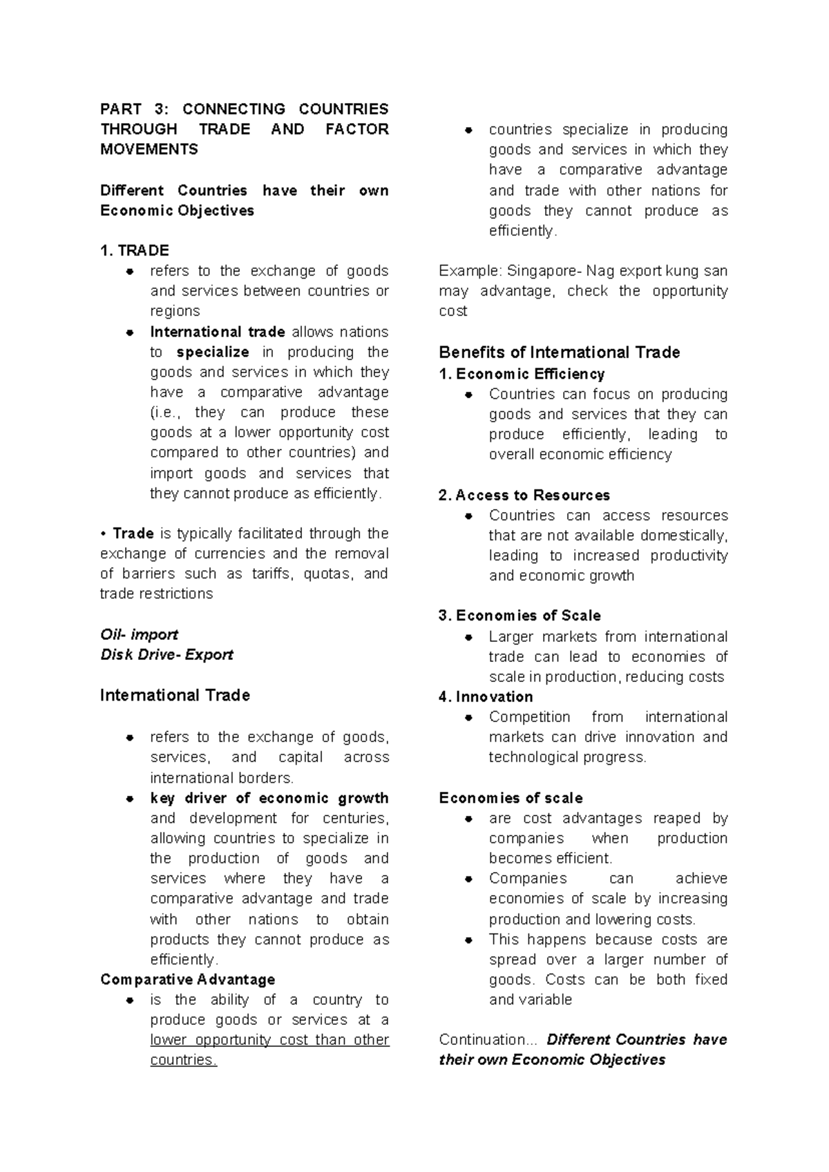 Econ - econ notes - PART 3: CONNECTING COUNTRIES THROUGH TRADE AND ...