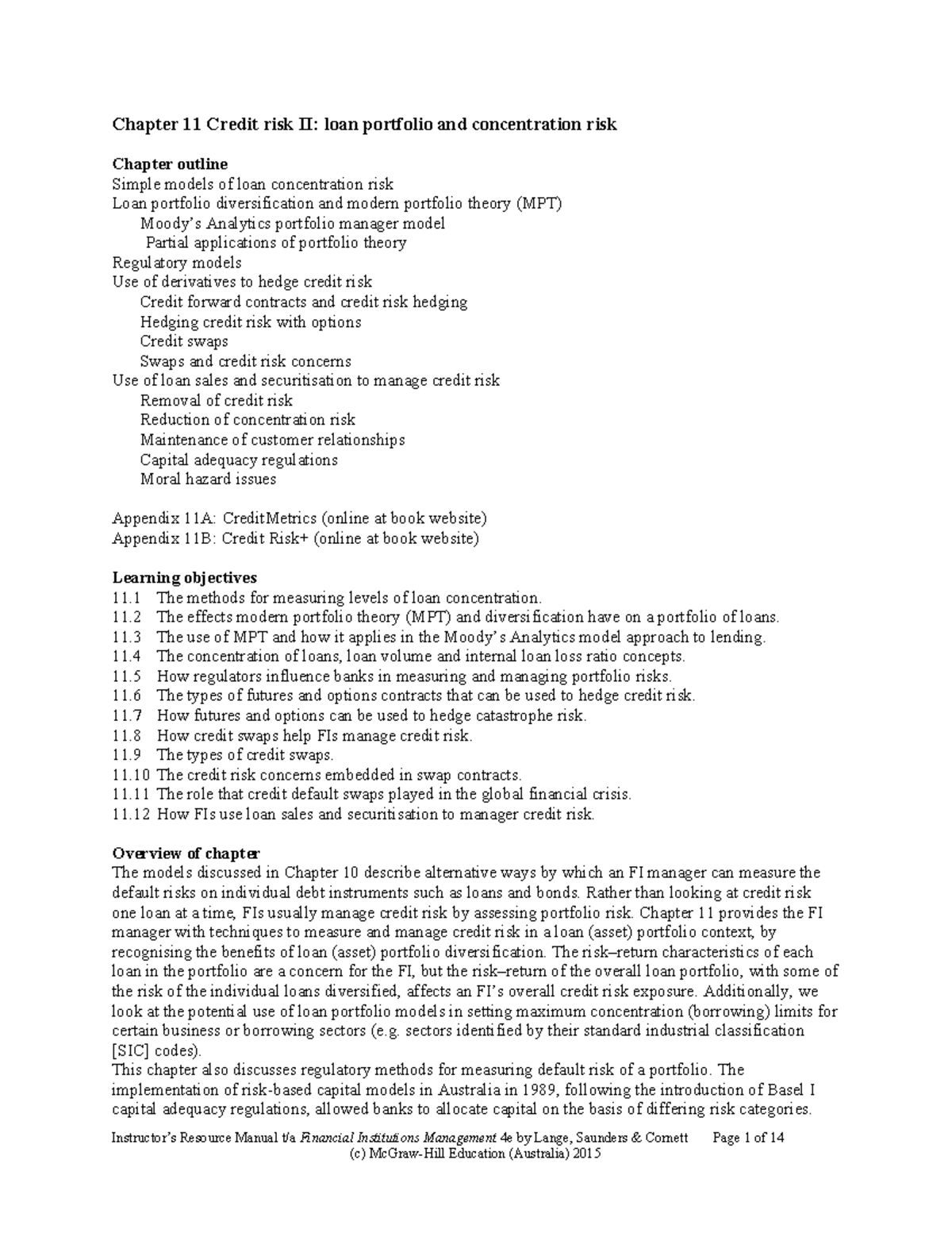 Chapter 11 Credit risk II- loan portfolio and concentration risk - 11 ...