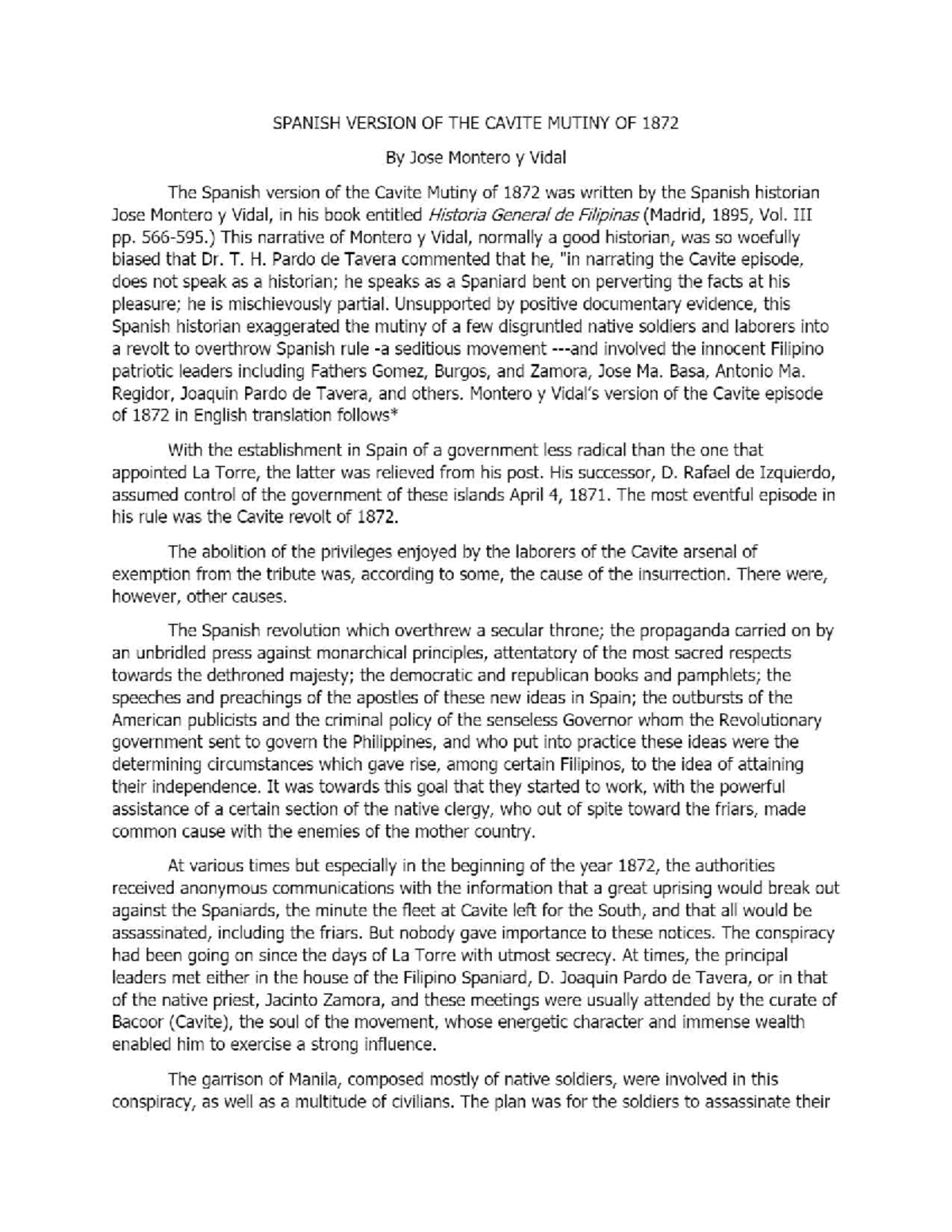 Spanish Version of the Cavite Mutiny of 1872, Assignments for History ...