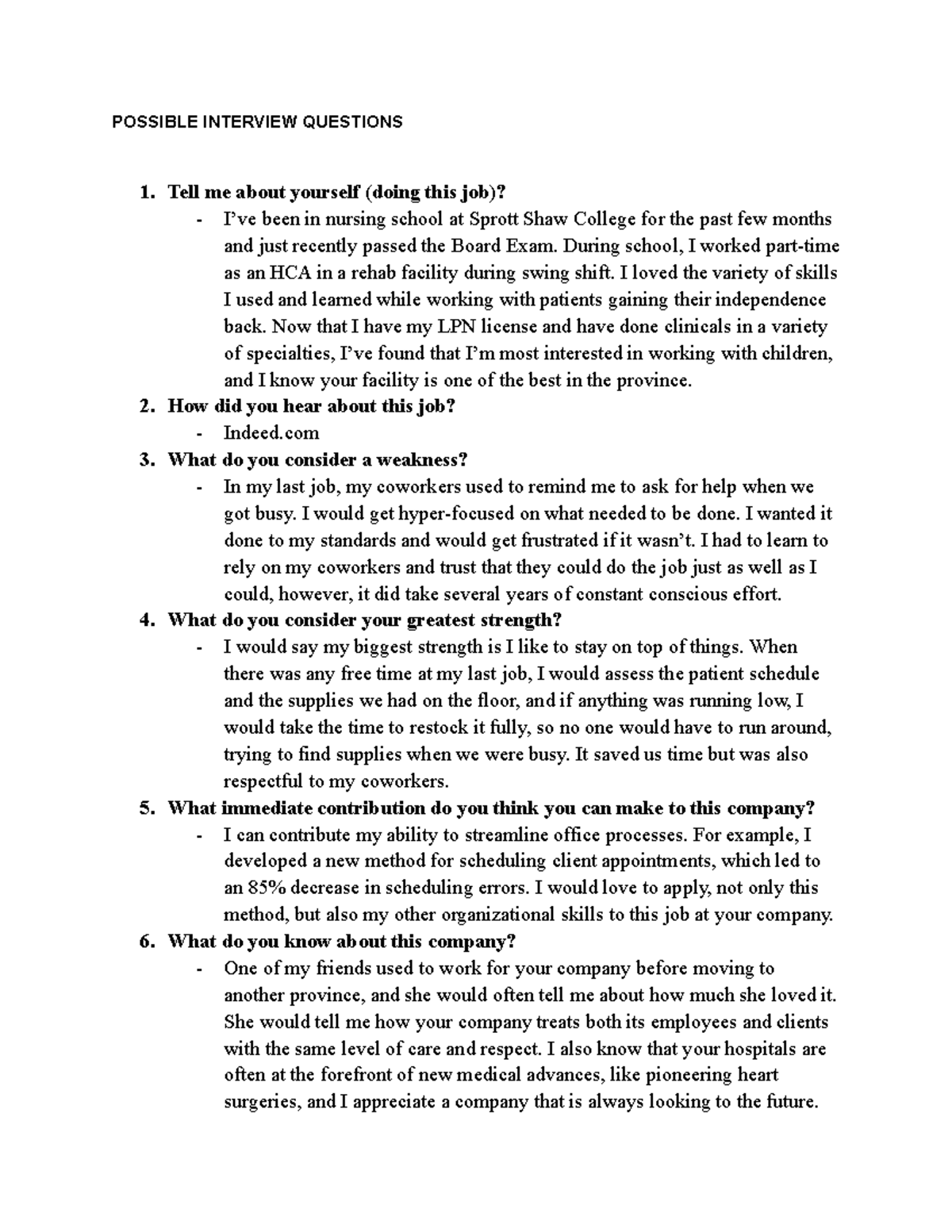 Possible Interview Questions - POSSIBLE INTERVIEW QUESTIONS 1. Tell me ...