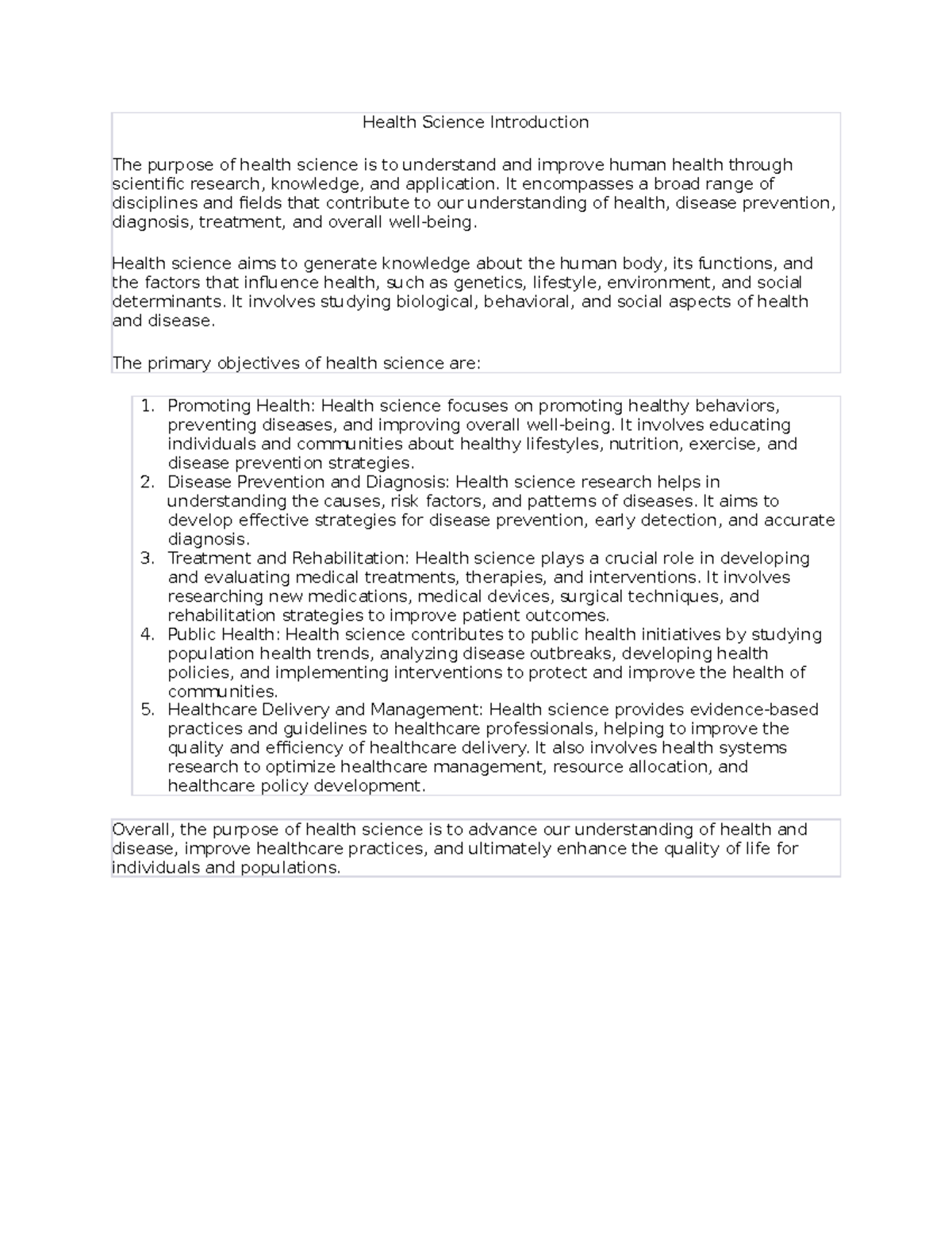 HS Introduction - First assign. - Health Science Introduction The ...