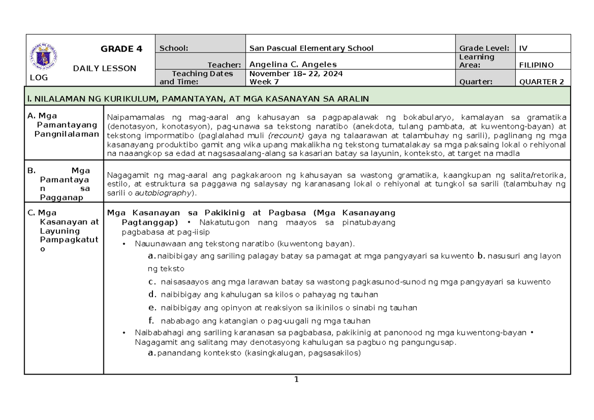 LE Q2 Filipino 4 Week 7 - GRADE 4 DAILY LESSON LOG School: San Pascual ...