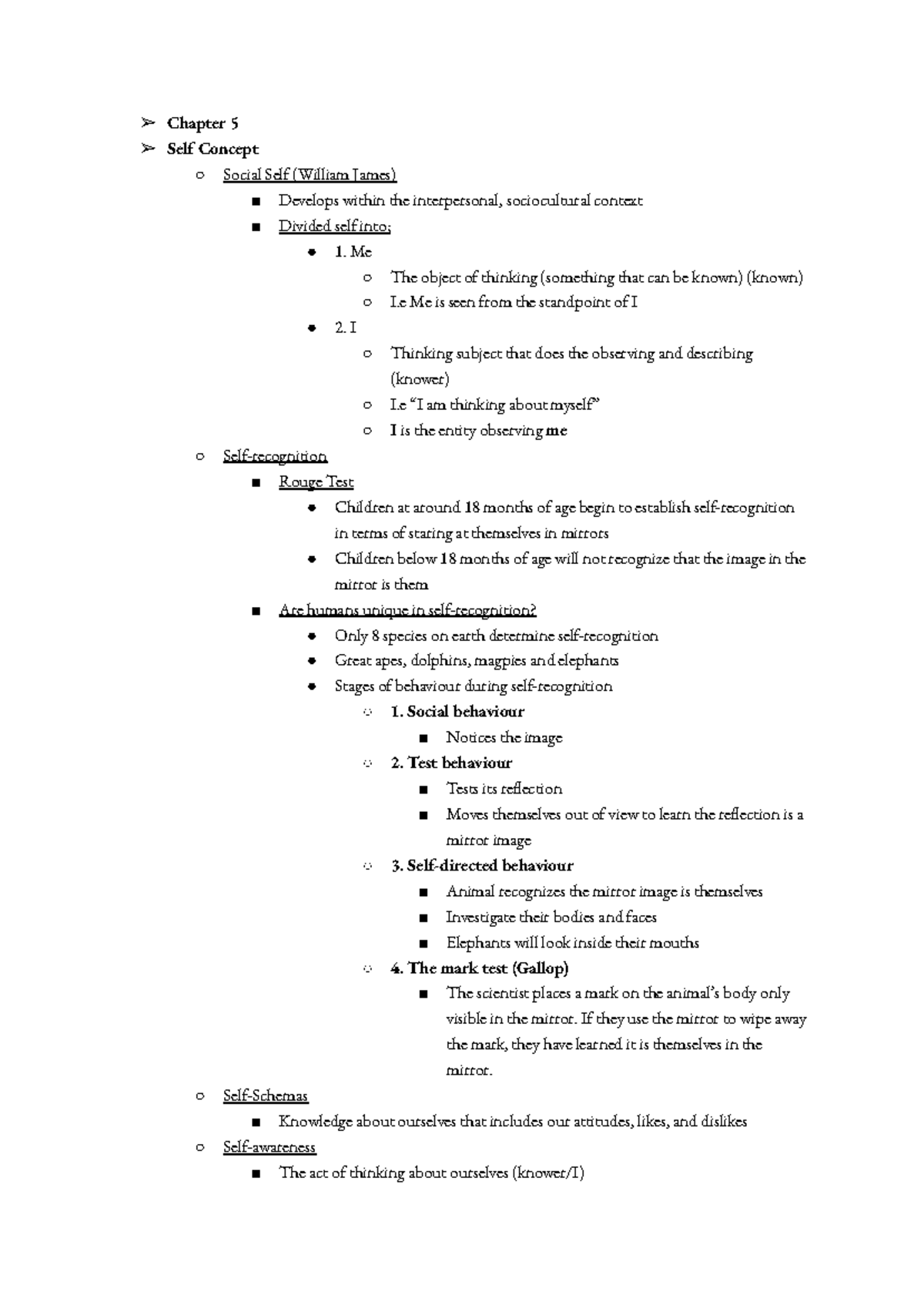 chapter 5 notes - Chapter 5 Self Concept Social Self (William James ...