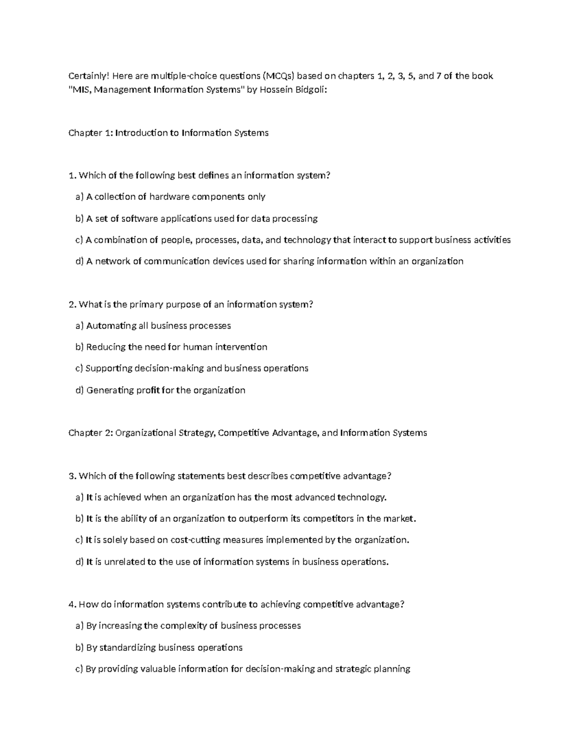 Mis mid term question example - Certainly! Here are multiple-choice ...