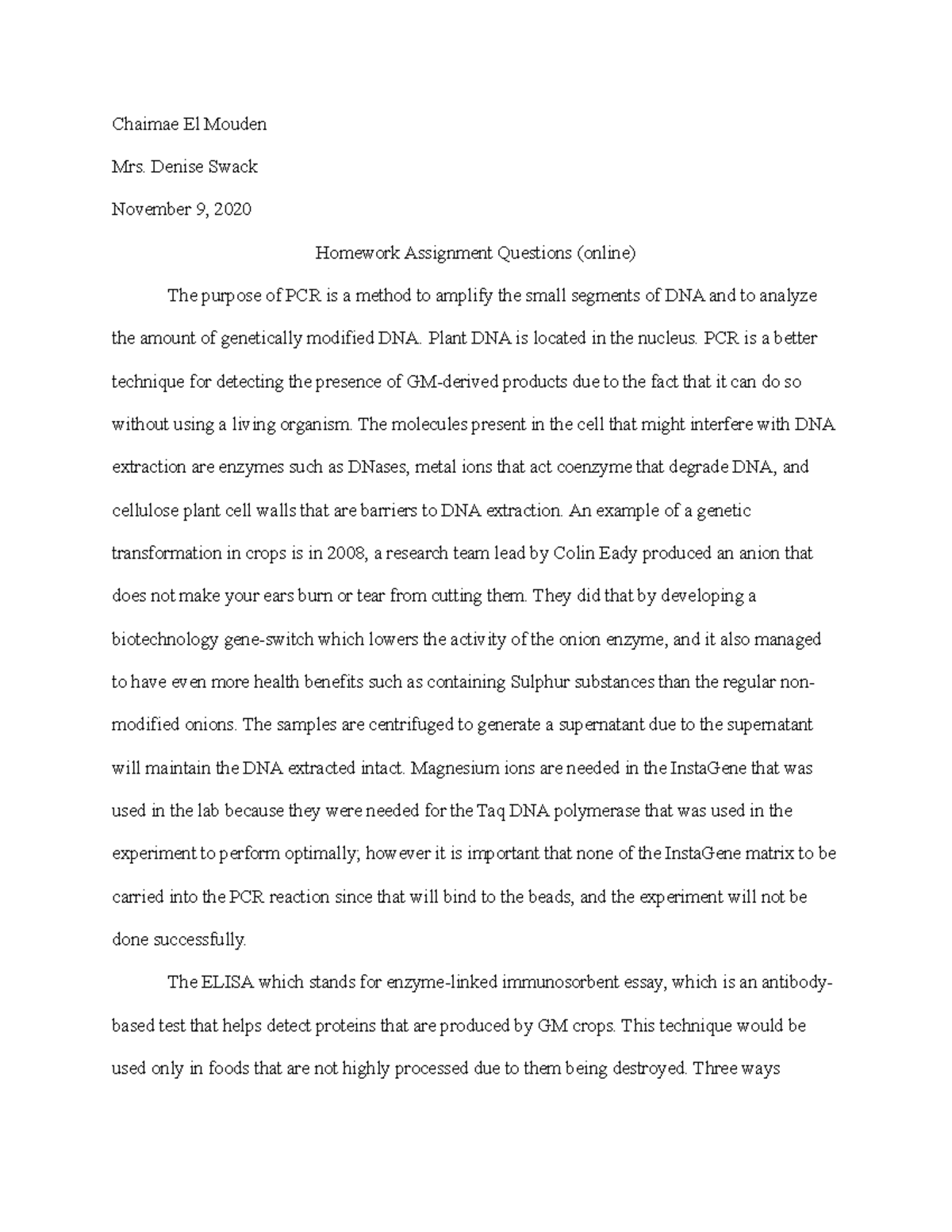 GMO report - Chaimae El Mouden Mrs. Denise Swack November 9, 2020 ...