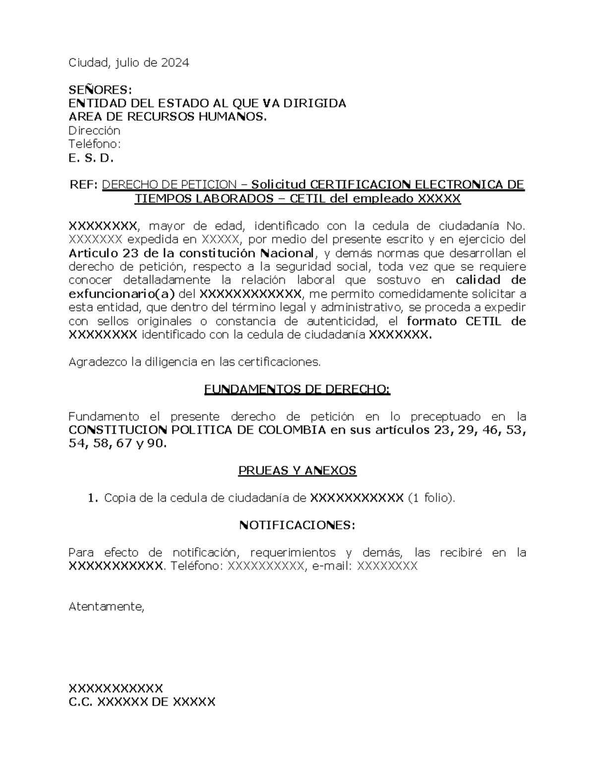 Modelo derecho de petición - CERTIFICACION ELECTRONICA DE TIEMPO ...