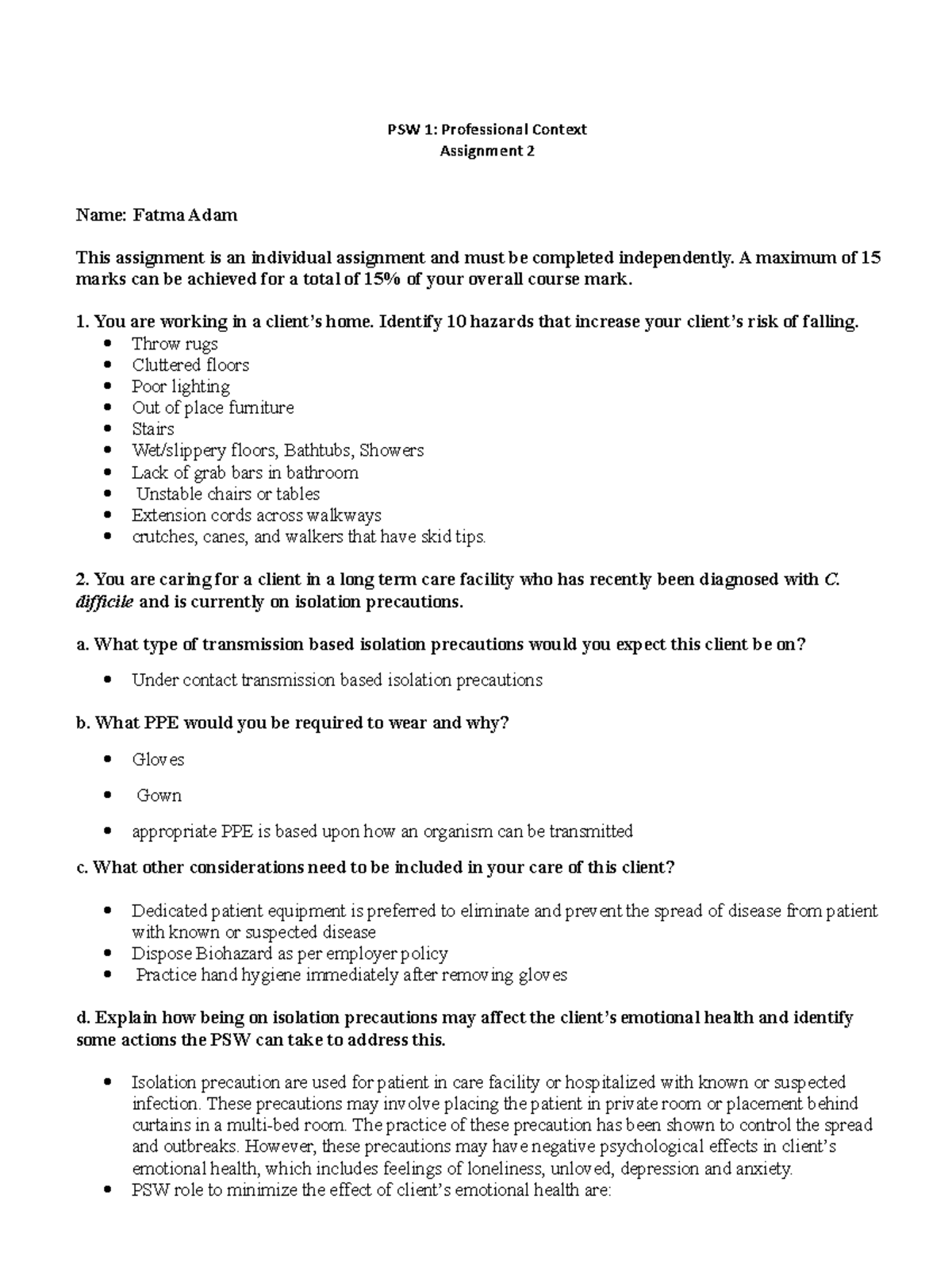 PSW 1: Professional Context Assignment 2 - A maximum of 15 marks can be ...