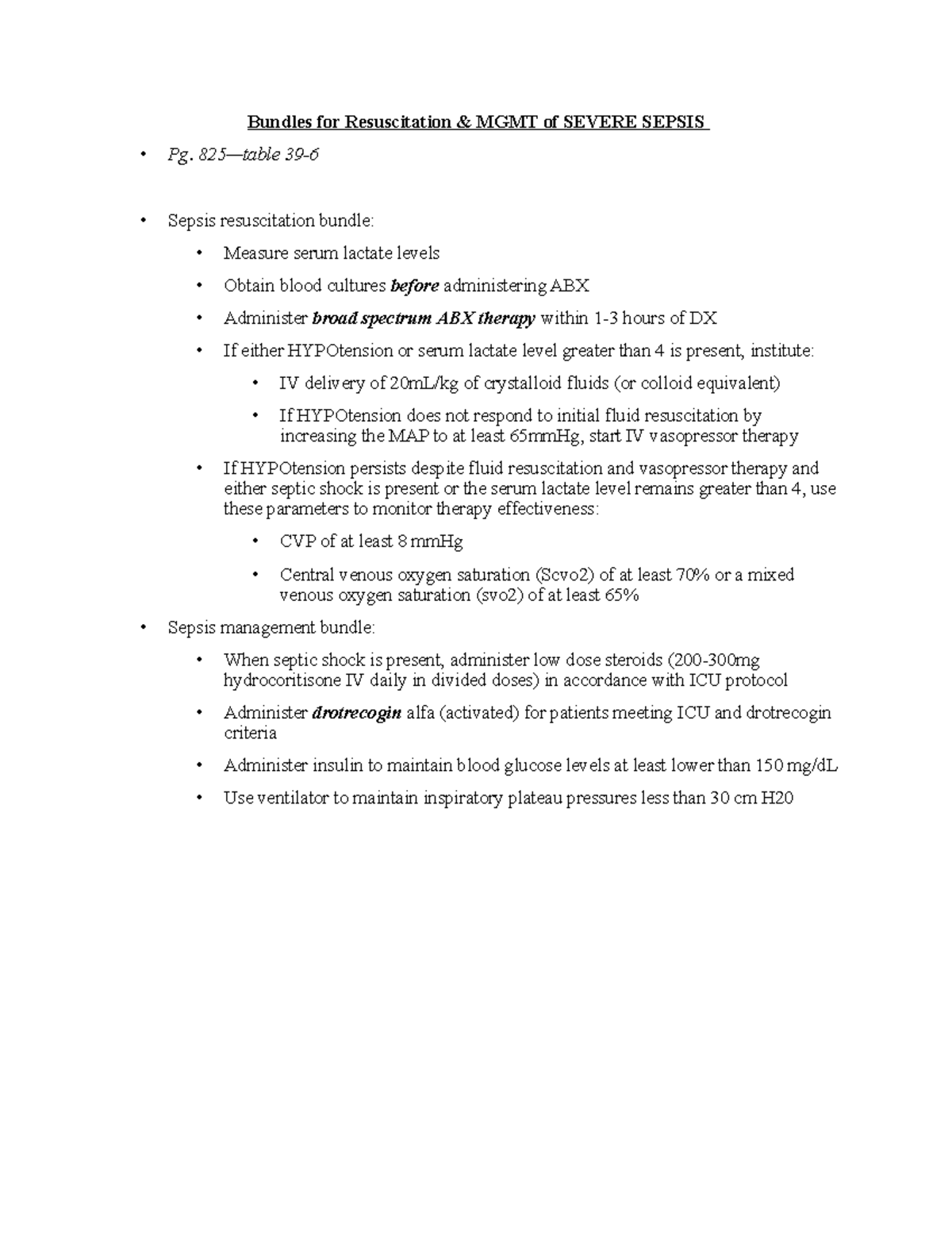 Sepsis Bundle - Bundles for Resuscitation & MGMT of SEVERE SEPSIS Pg ...