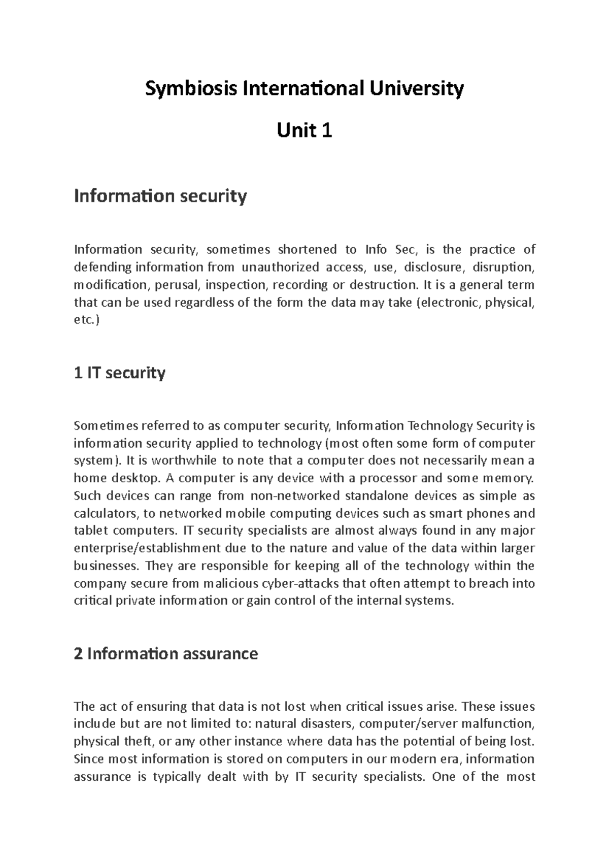 Unit 1 Information Security - Symbiosis International University Unit 1 Information security ...