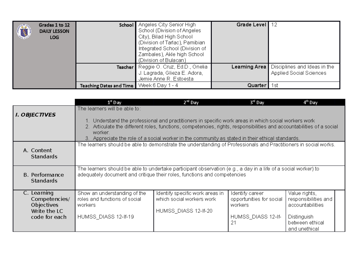 DLP6 - lesson for shs - Grades 1 to 12 DAILY LESSON LOG School Angeles ...