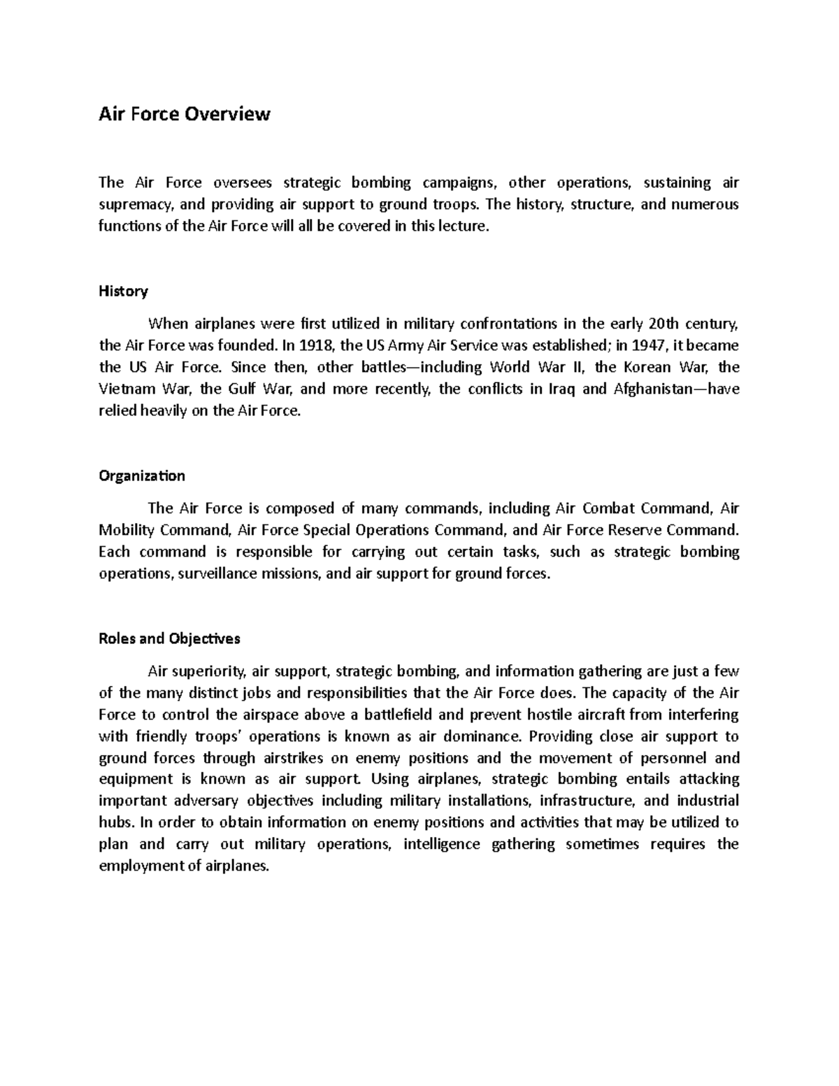 Lecture Notes - Air Force Overview - Air Force Overview The Air Force ...