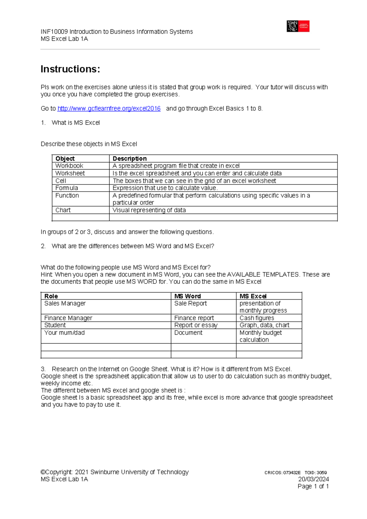 IBIS MS Excel Lab 1 - INF10009 Introduction to Business Information Systems MS Excel Lab 1A ...