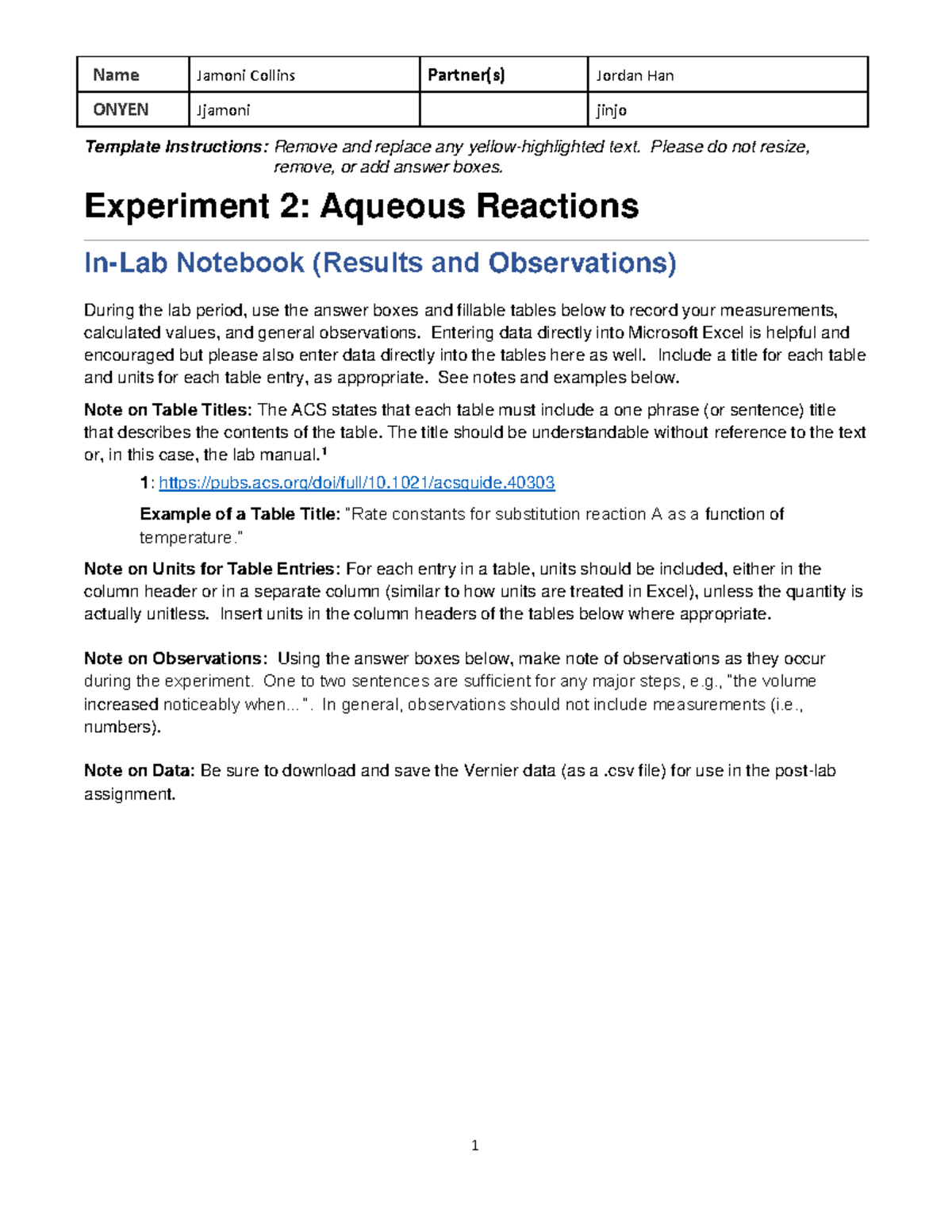 Chem 101 Lab EXPT 2 post lab assignment - Name Jamoni Collins Partner(s ...