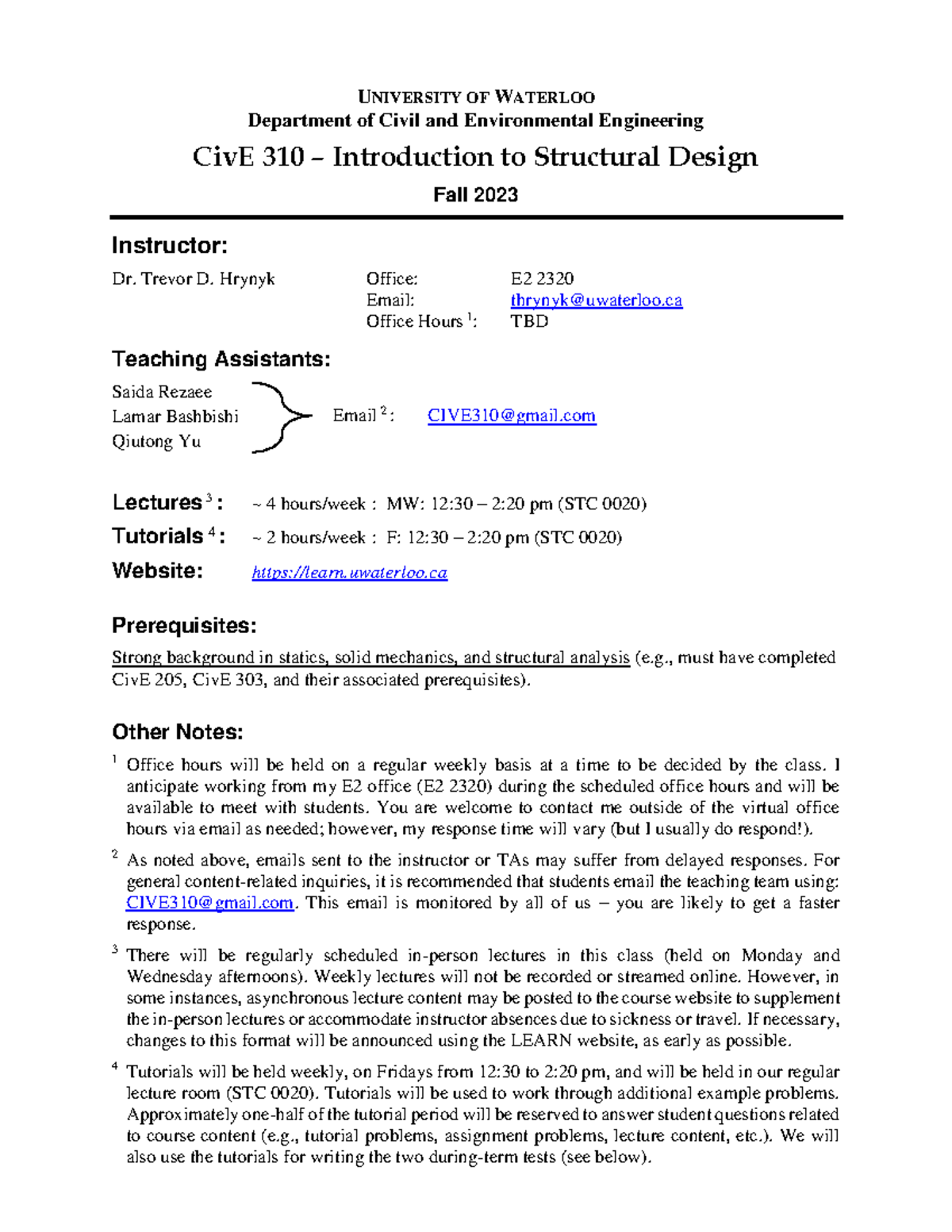 Civ E 310 Syllabus-F23 Hrynyk - UNIVERSITY OF WATERLOO Department of ...