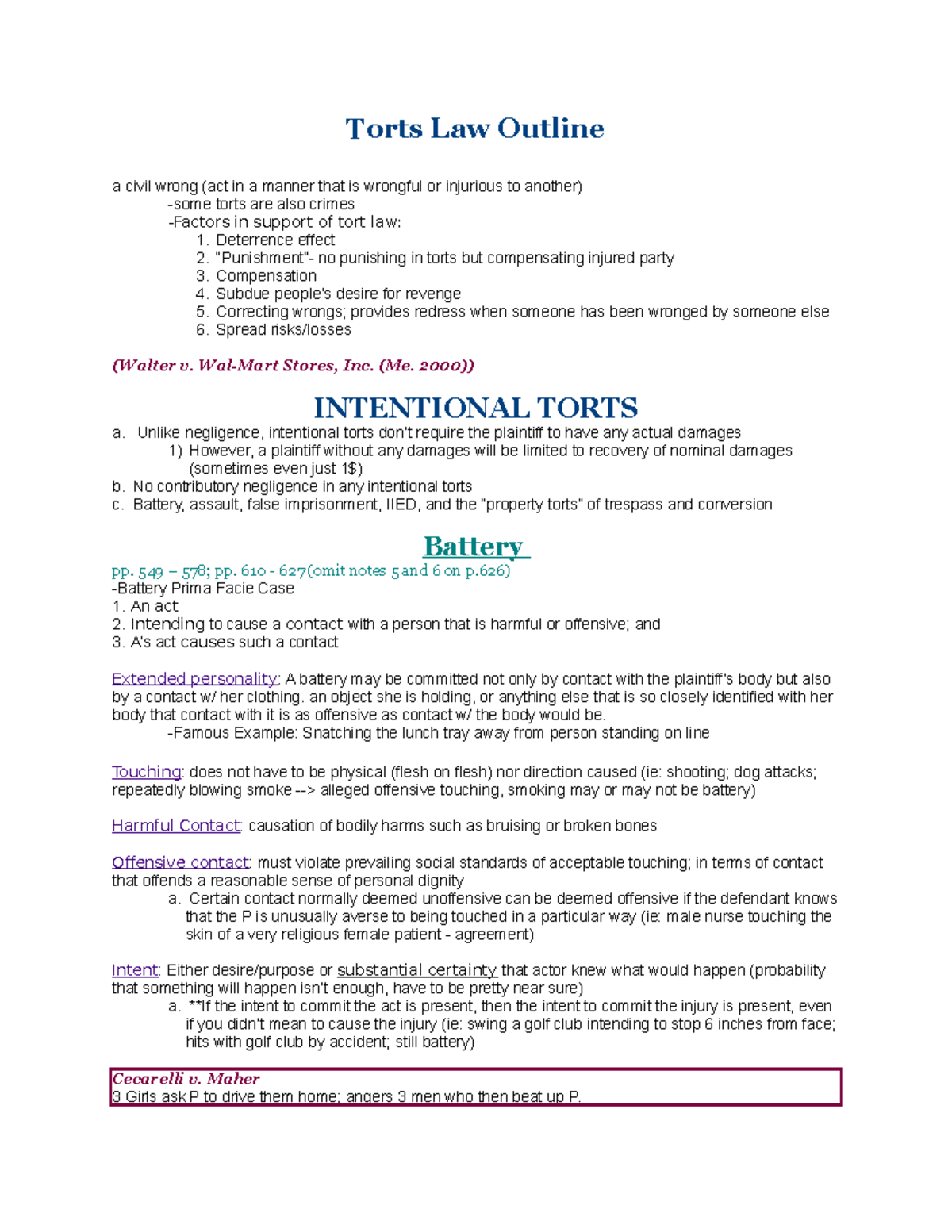 Tort Law Outline - Professor Alvarez - Torts Law Outline a civil wrong ...