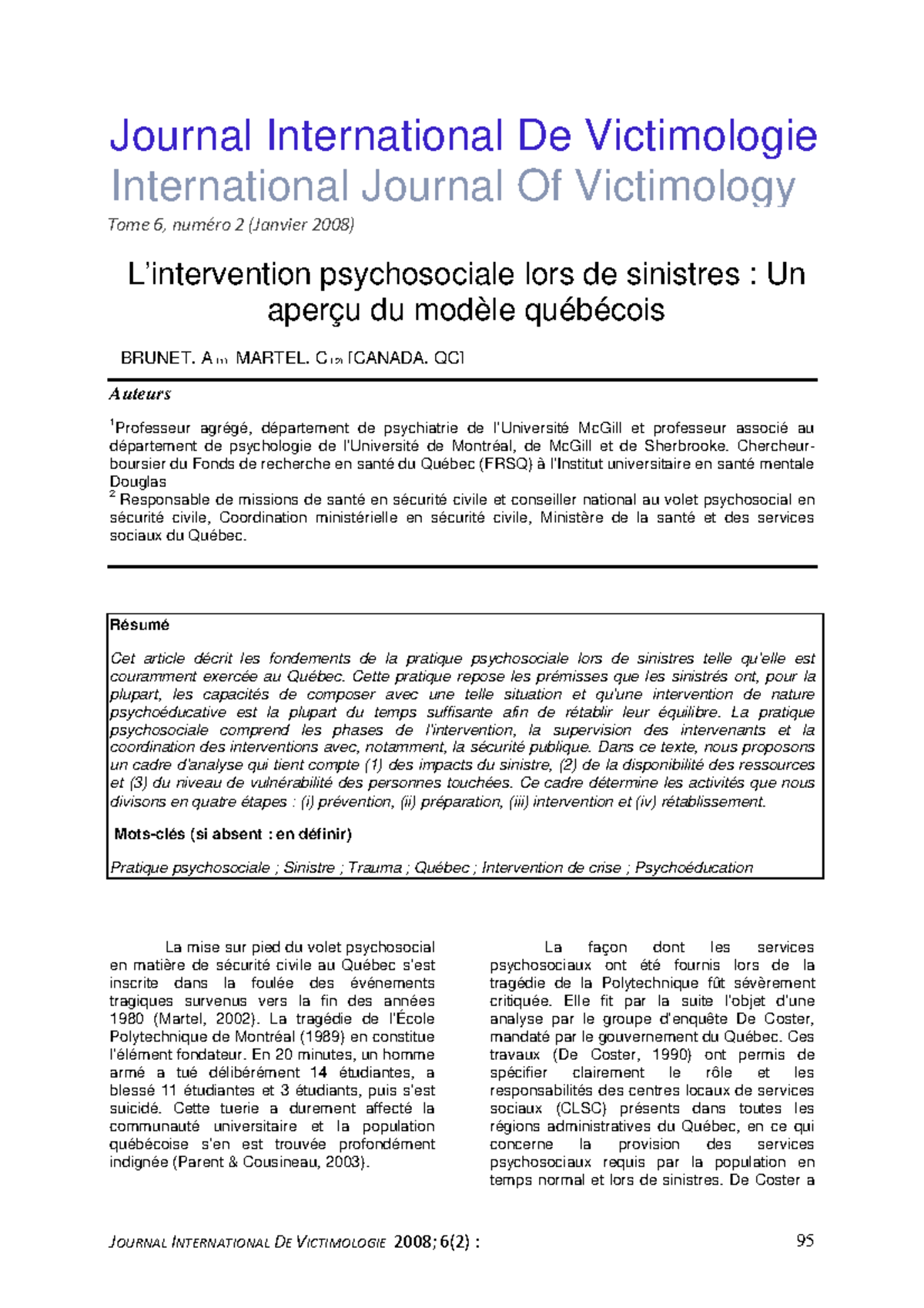 TD 9 Brunet al interv psychosociale canada - Auteurs 1 Professeur ...