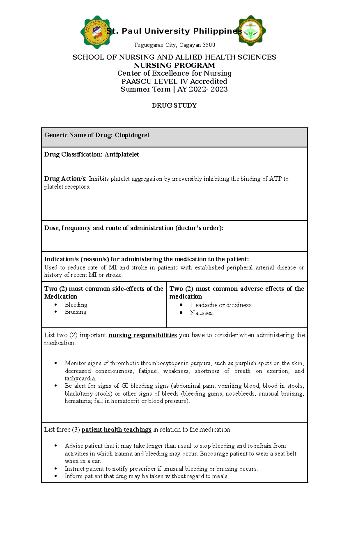 Drug Study (Fist Rotation) - Tuguegarao City, Cagayan 3500 SCHOOL OF ...