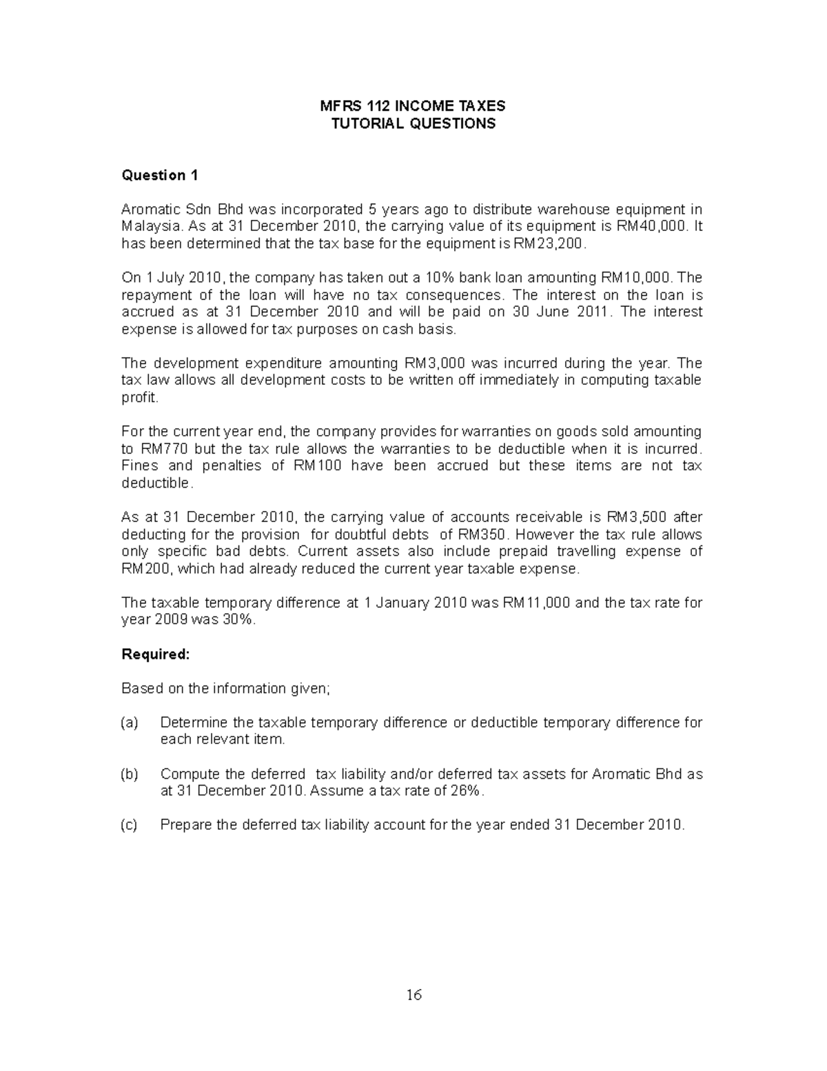 2.a Tutorial Question Income TAX FAR570 - MFRS 112 INCOME TAXES ...
