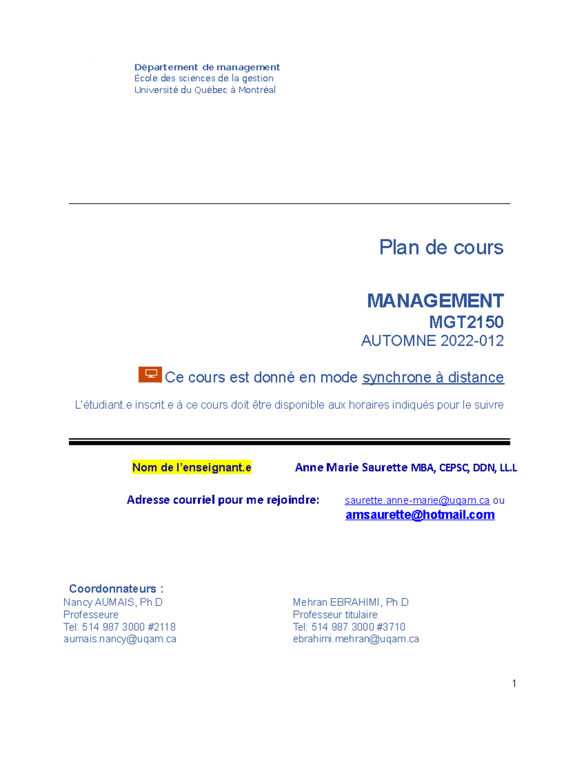 MET2150 - Plan cours - A2022-012 2 - Plan de cours MANAGEMENT MGT ...
