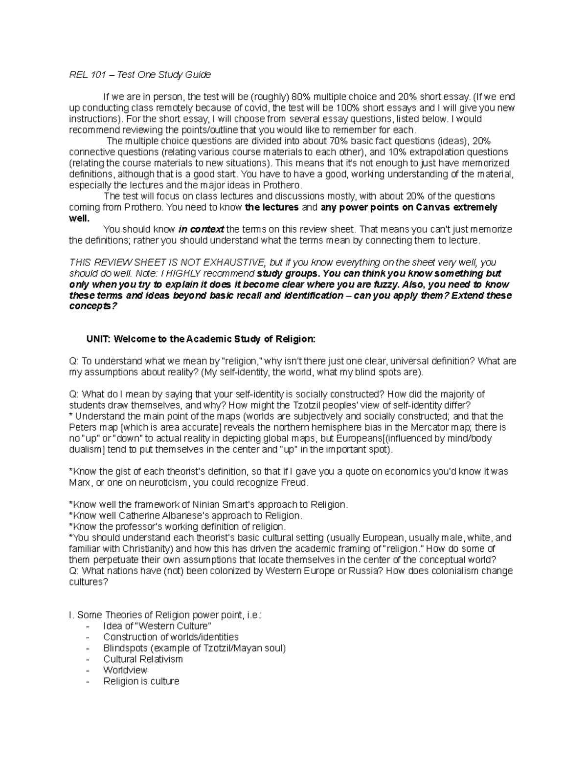 2023 REL 101 Study Guide Test one - REL 101 – Test One Study Guide If ...