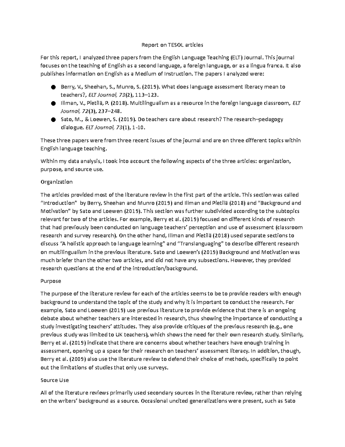 Sample report LRs in Tesol AP - Report on TESOL articles For this ...