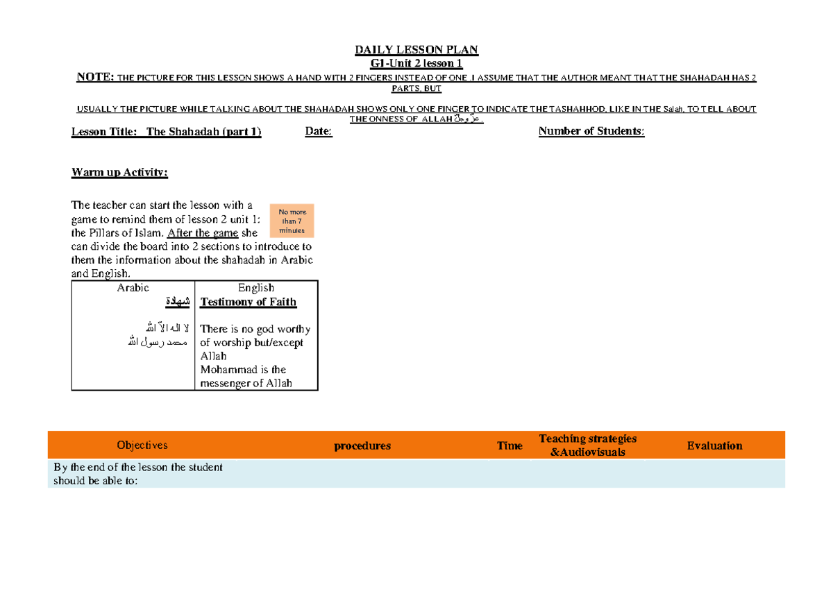 ILPY1U2L1 - Lesson plan - No more than 7 minutes DAILY LESSON PLAN G1 ...