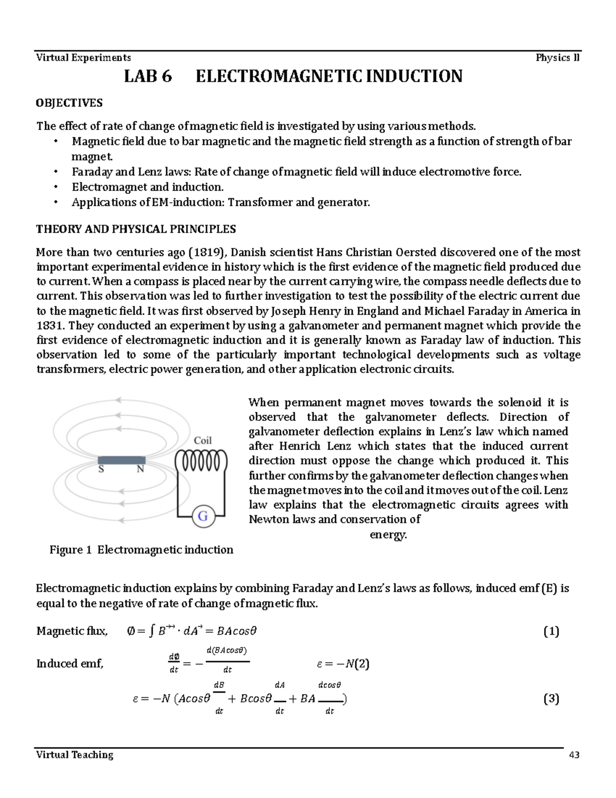 Lab 6'' - Physic 2126 lab 6 - 𝑑 ∅ 𝑑𝑡 = − 𝑑𝑡 LAB 6 ELECTROMAGNETIC ...