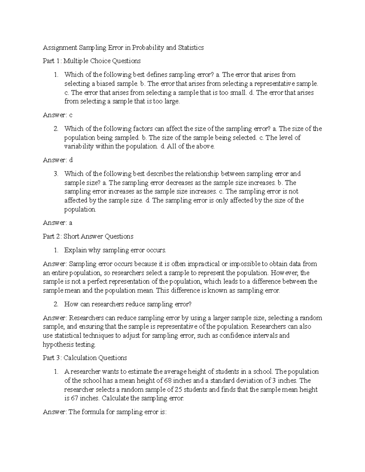 Assignment Sampling Error in Probability and Statistics - Which of the ...