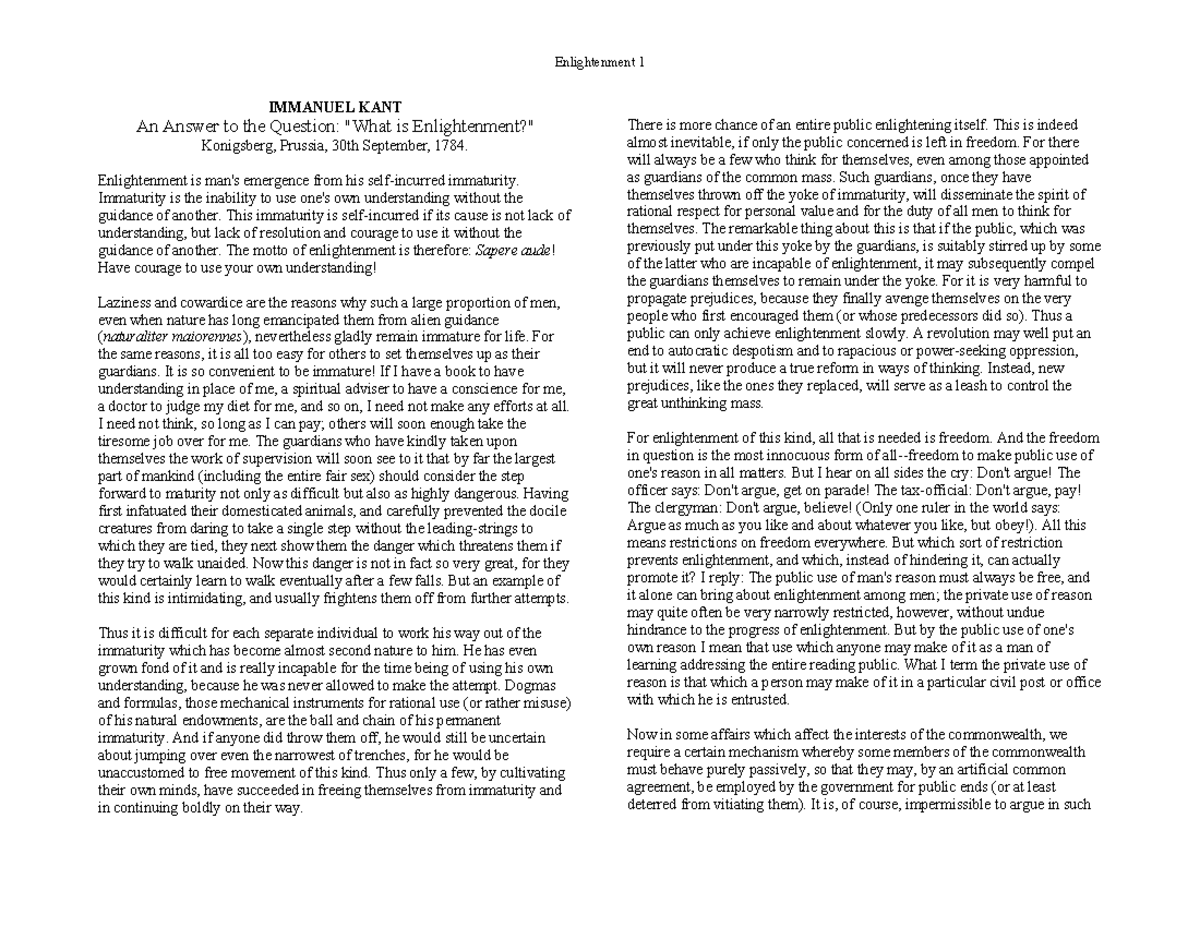 What is enlightenment - mpp - Enlightenment 1 IMMANUEL KANT An Answer to the Question: "What is ...