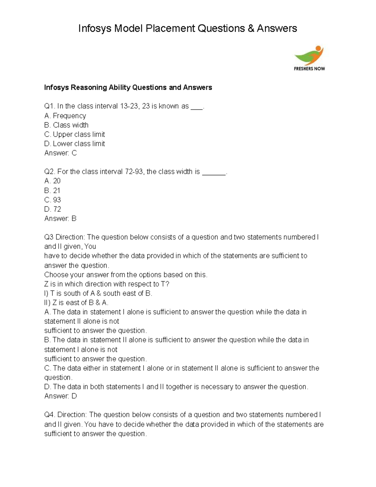 Infosys Model Placement QA - Infosys Reasoning Ability Questions and ...