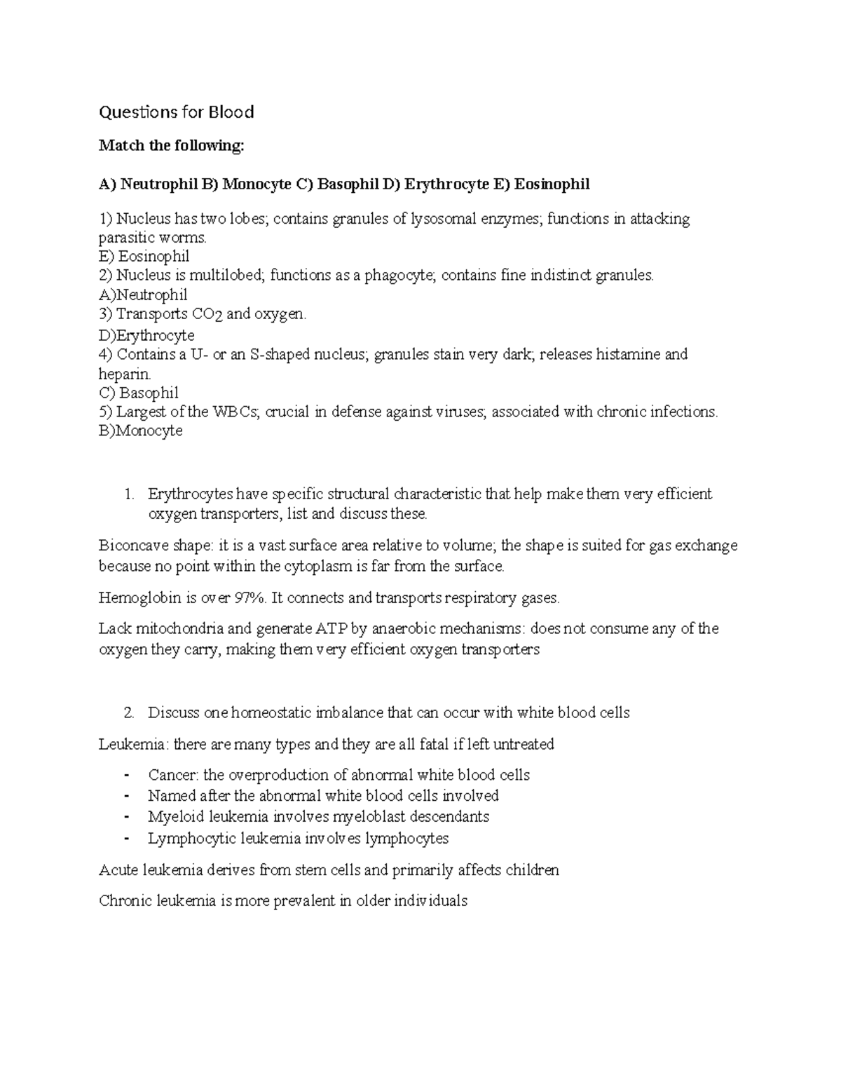 Questions for Blood and heart Completed - Questions for Blood Match the ...