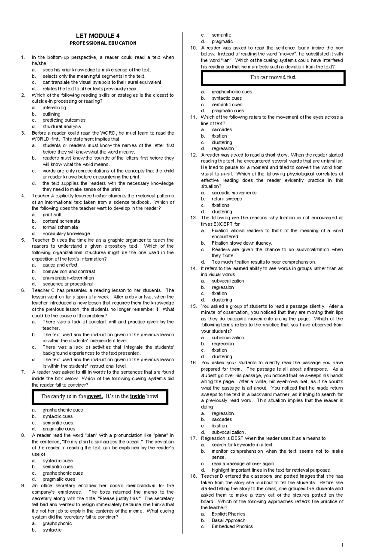 LET Module 4 - NOTES - LET MODULE 4 PROFESSIONAL EDUCATION 1. In the ...