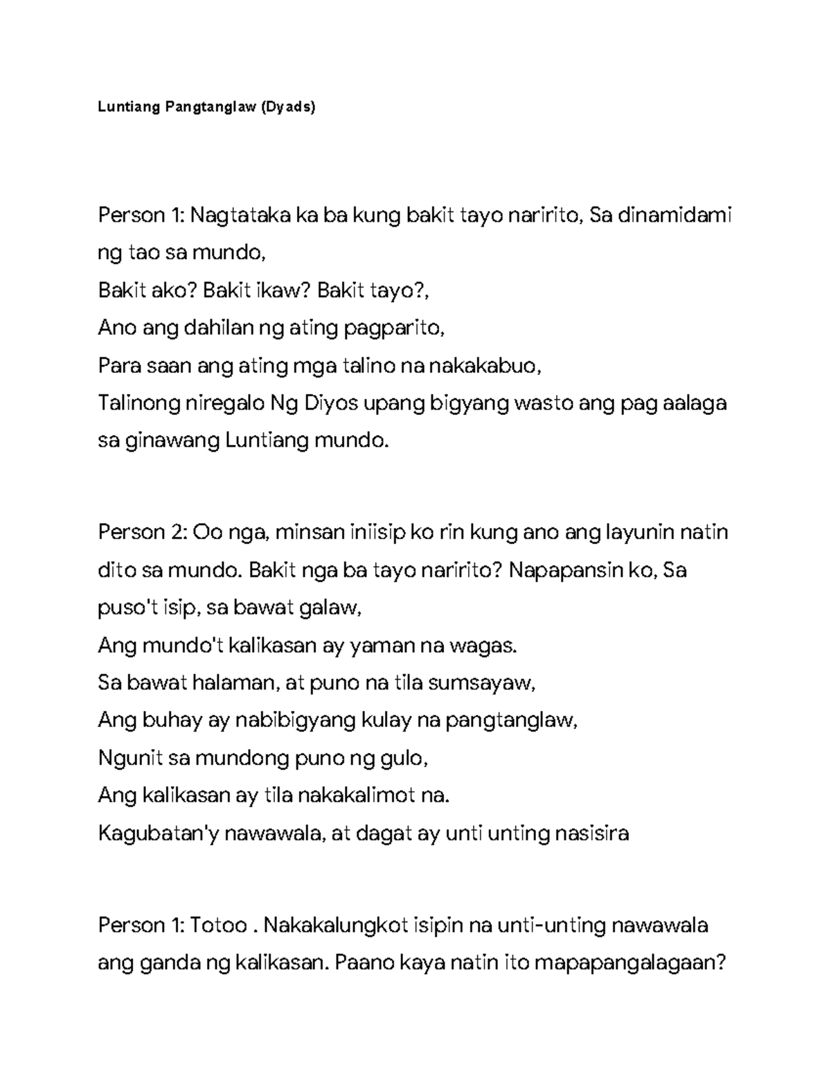 Luntiang Pangtanglaw (Dyads) - Luntiang Pangtanglaw (Dyads) Person 1 ...