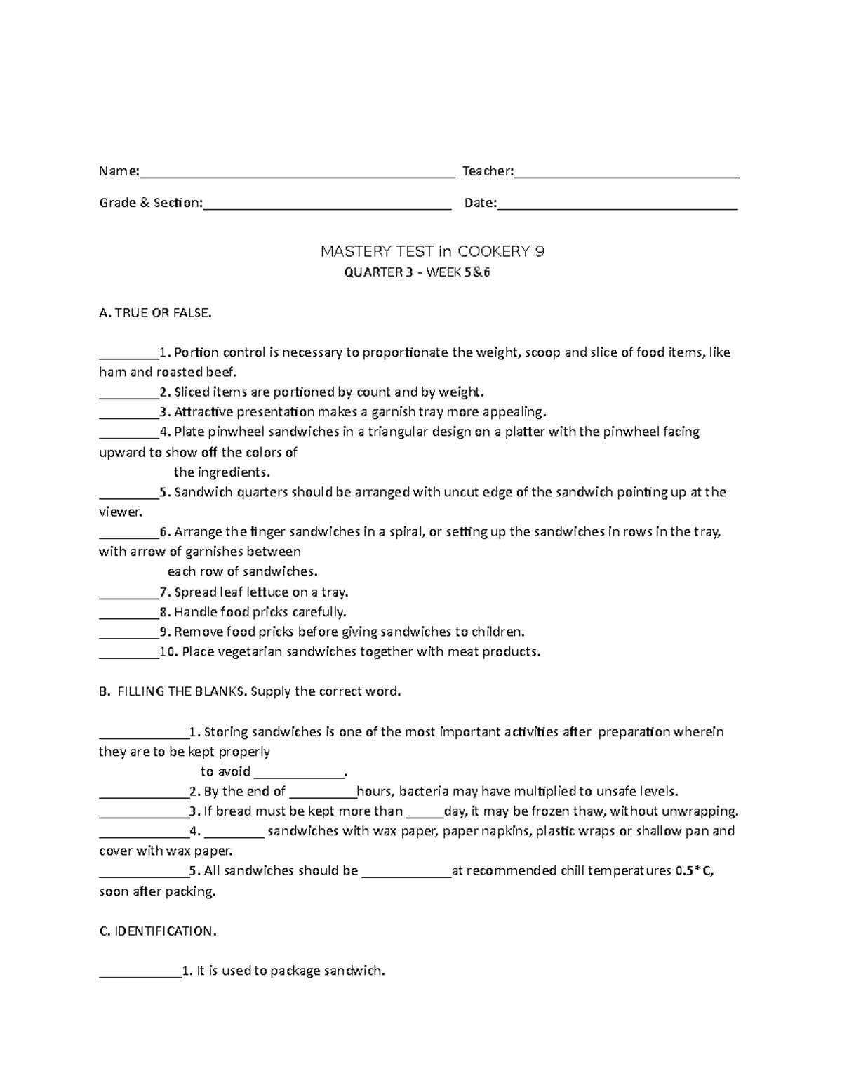 Mastery TEST Cookery 9 QTR3 WK 56 - Name ...