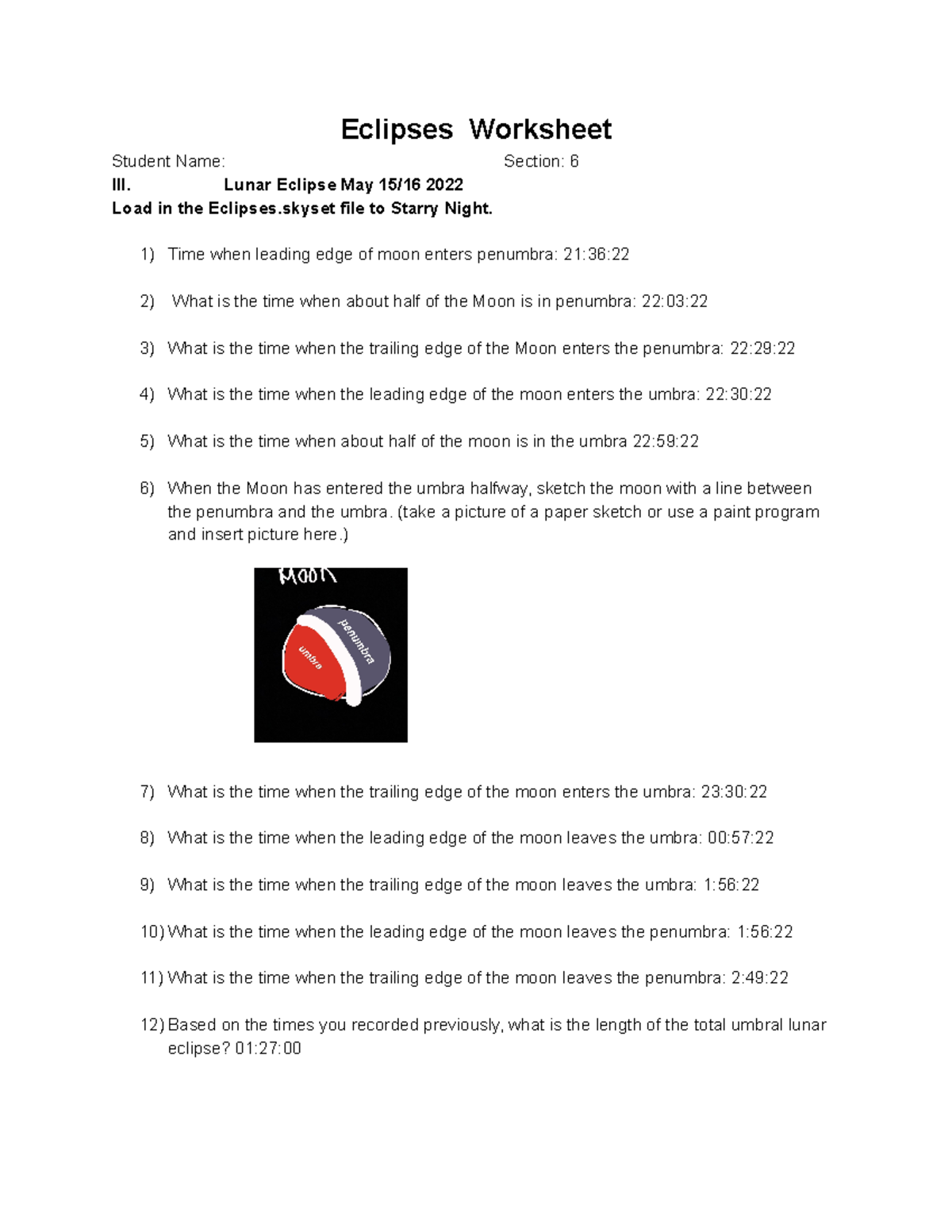 Eclipses Worksheet - Eclipses Worksheet Student Name: Section: 6 III ...
