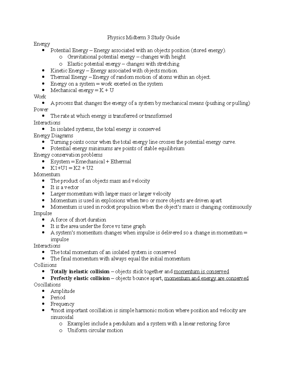 Physics Midterm 3 notes - Physics Midterm 3 Study Guide Energy ...