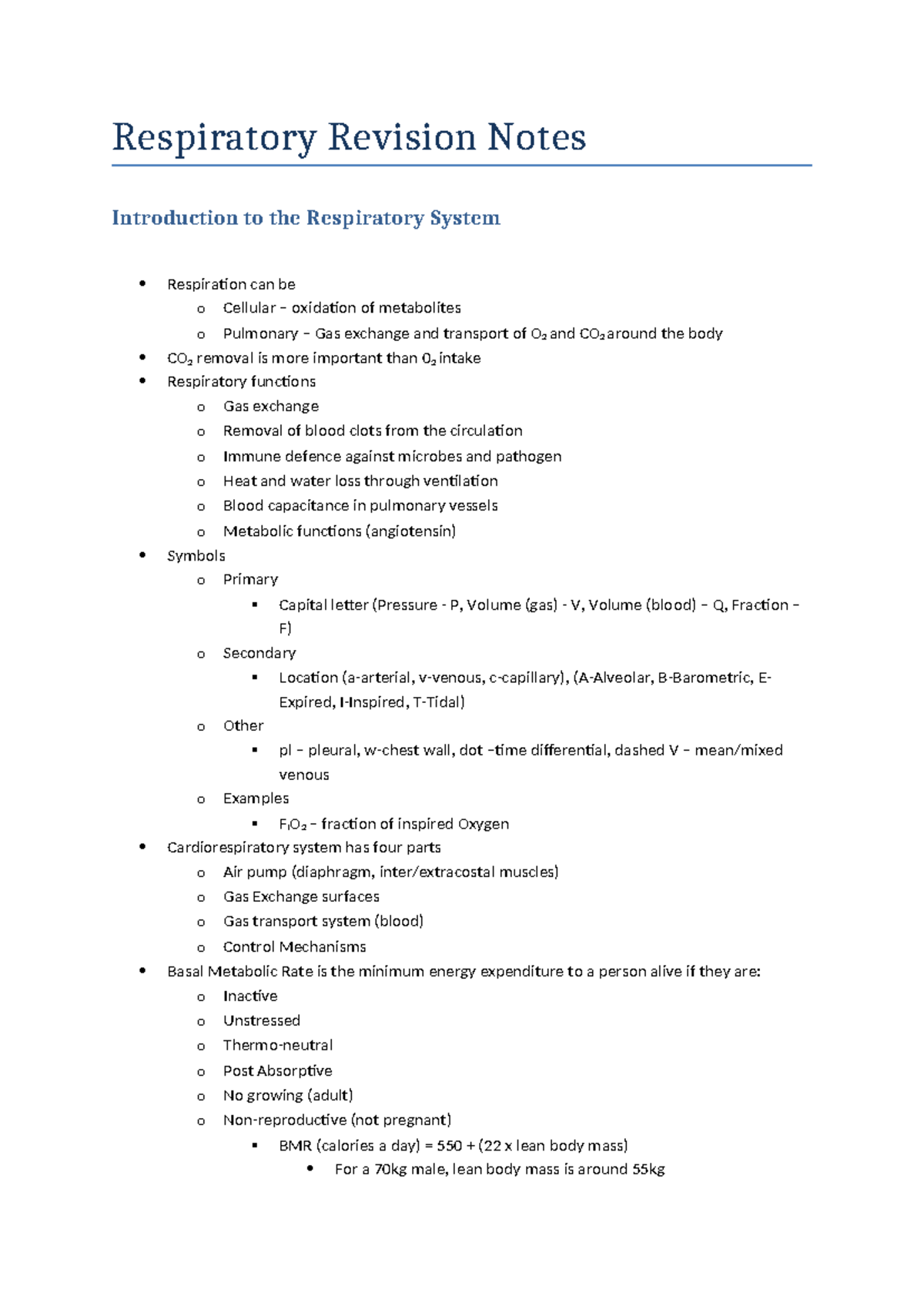 Respiratory system - Notes - Respiratory Revision Notes Introduction to ...