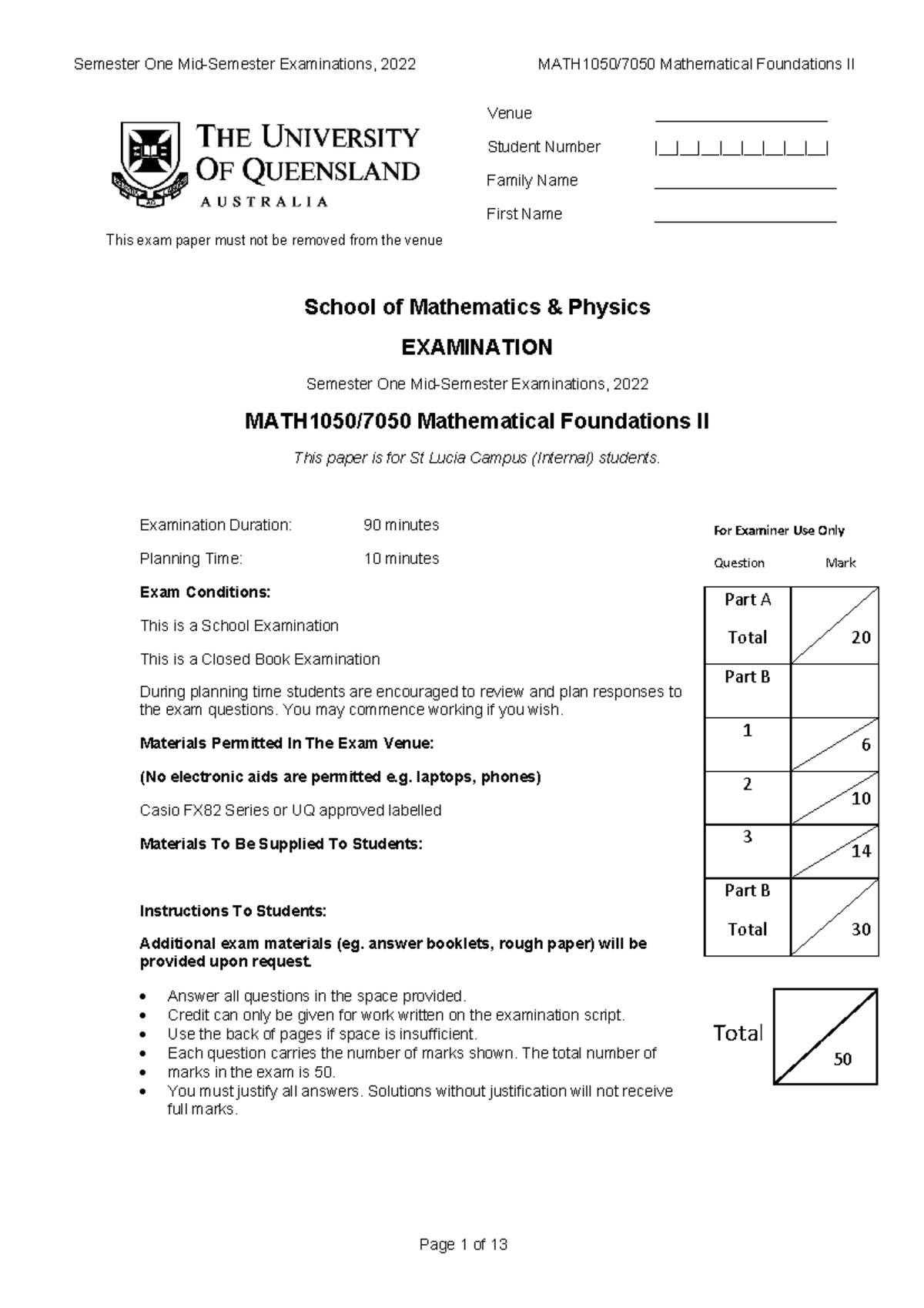 MATH1050 Midsem 2022 - Semester One Mid-Semester Examinations, 2022 MATH1050/7050 Mathematical ...