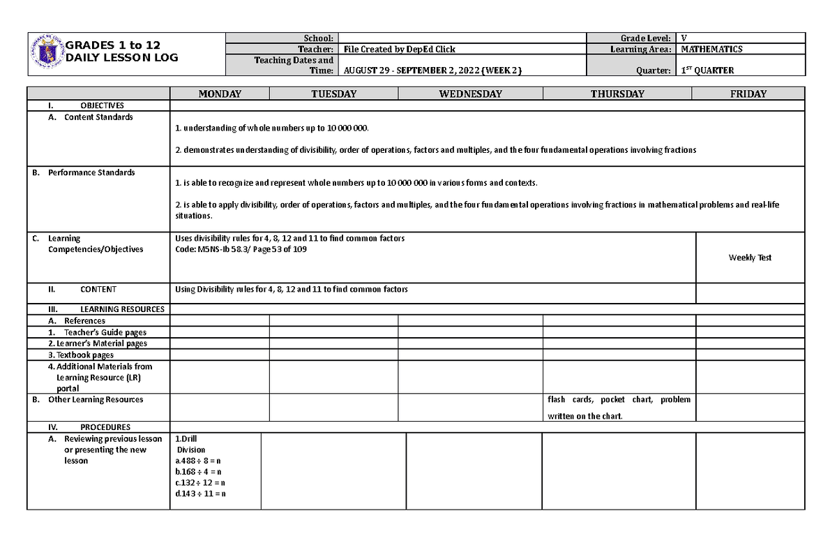 DLL Mathematics 5 Q1 W2 - Daily Lesson Log - GRADES 1 to 12 DAILY LESSON LOG School: Grade Level ...