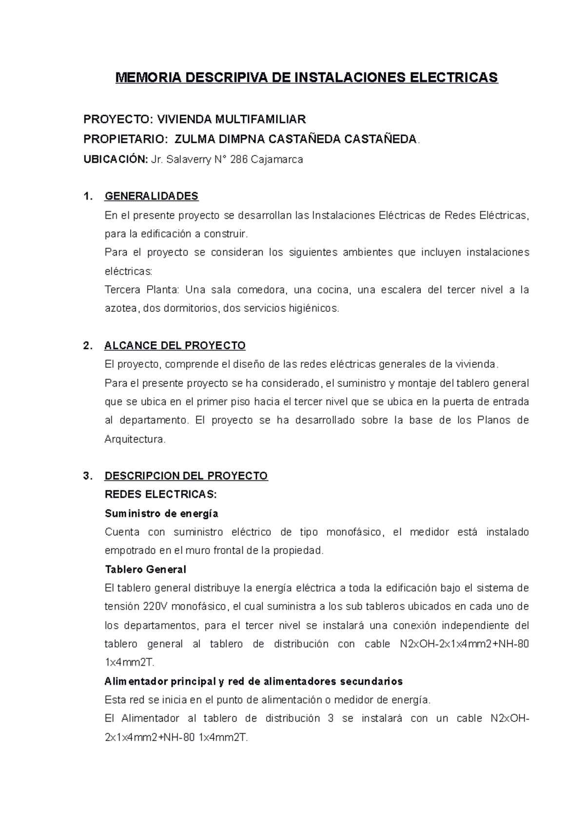 Memoria Descriptiva INS Electricas - MEMORIA DESCRIPIVA DE INSTALACIONES ELECTRICAS PROYECTO ...