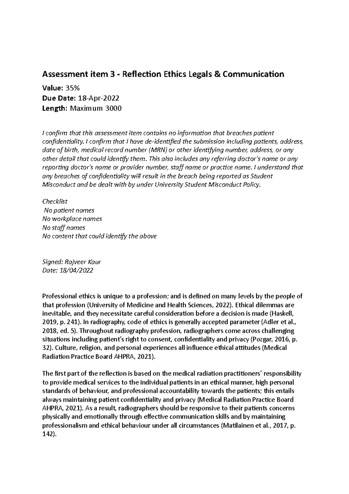 Assessment Item 3 Reflection on Ethics and Communication in Radiography ...