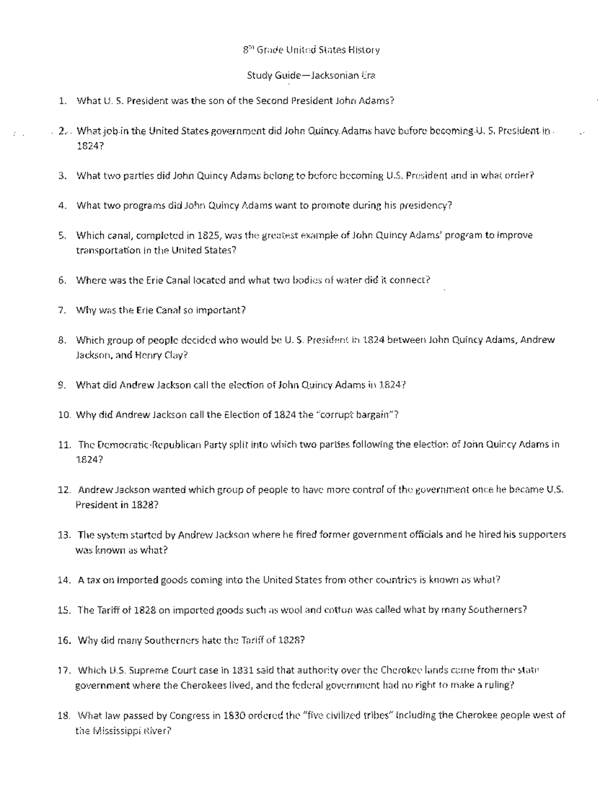 Andrew Jackson Unit Study guide without answers - Study Guide ...