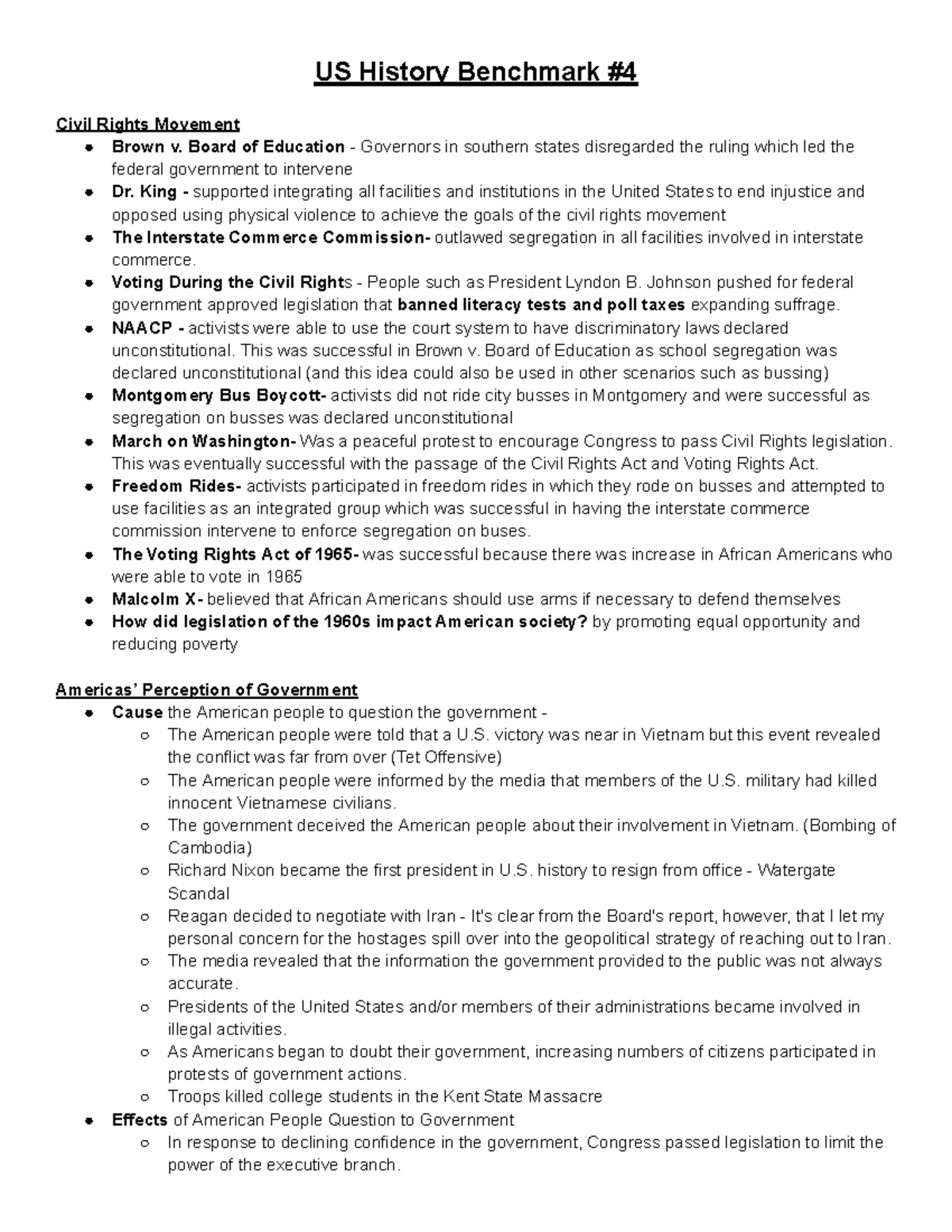Benchmark #4 Study Guide - US History Benchmark Civil Rights Movement ...