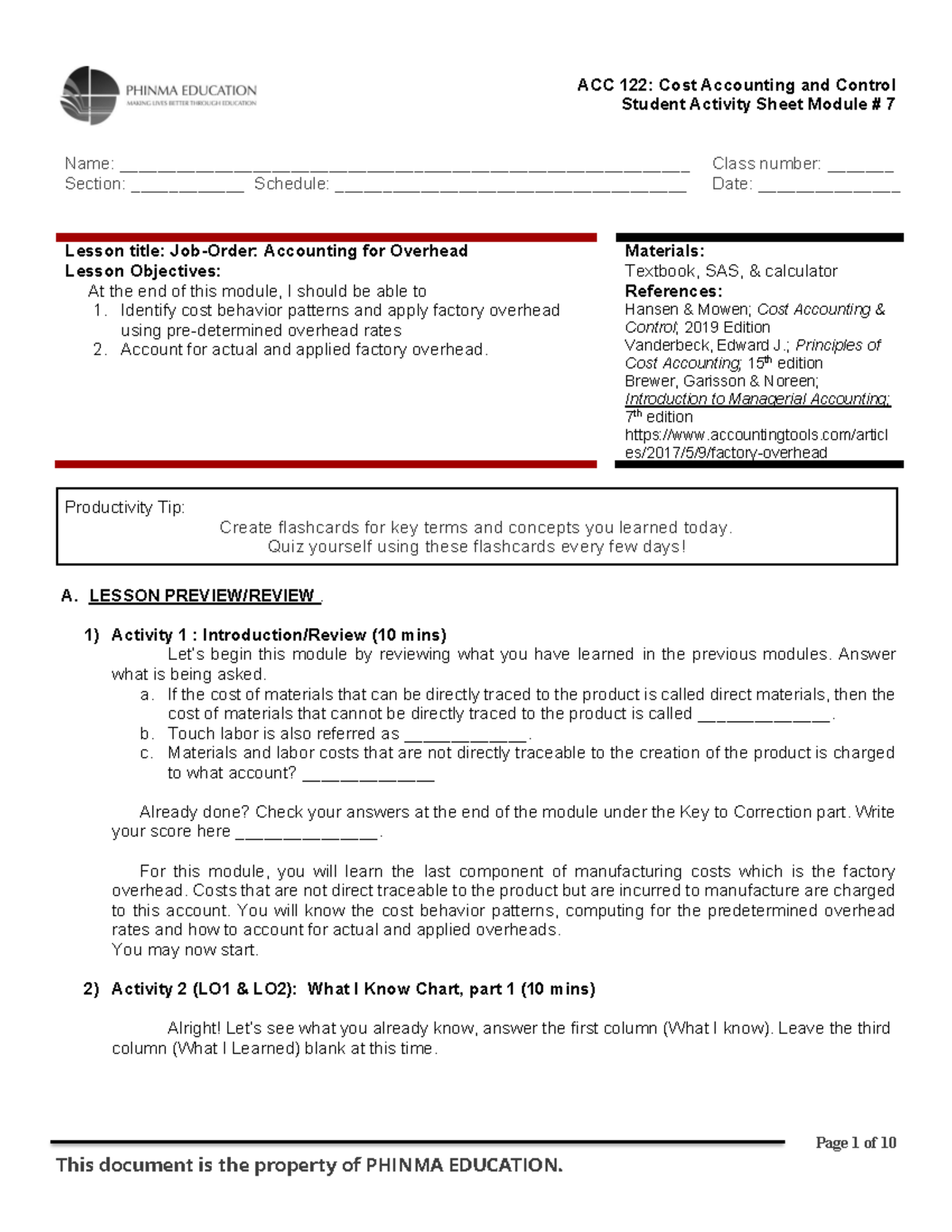 ACC 122 SAS DAY 7 - Cost Accounting and Control SAS - Student Activity ...
