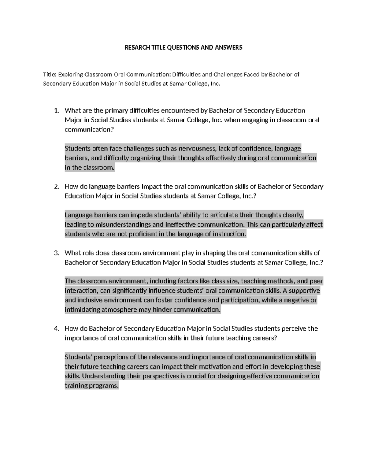 Resarch Title Questions AND Answers - RESARCH TITLE QUESTIONS AND ...