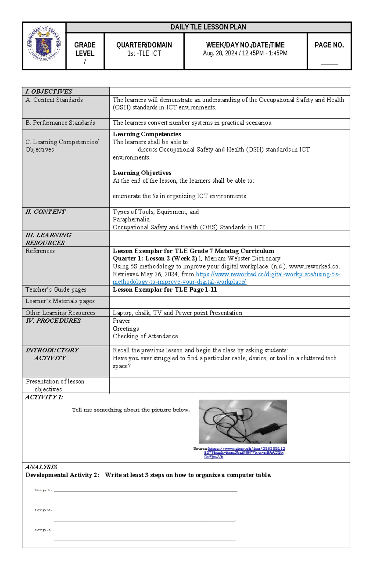 TLE ICT Q1 L2 2 - TLE - DAILY TLE LESSON PLAN GRADE LEVEL 7 QUARTER/DOMAIN 1st -TLE ICT WEEK/DAY ...