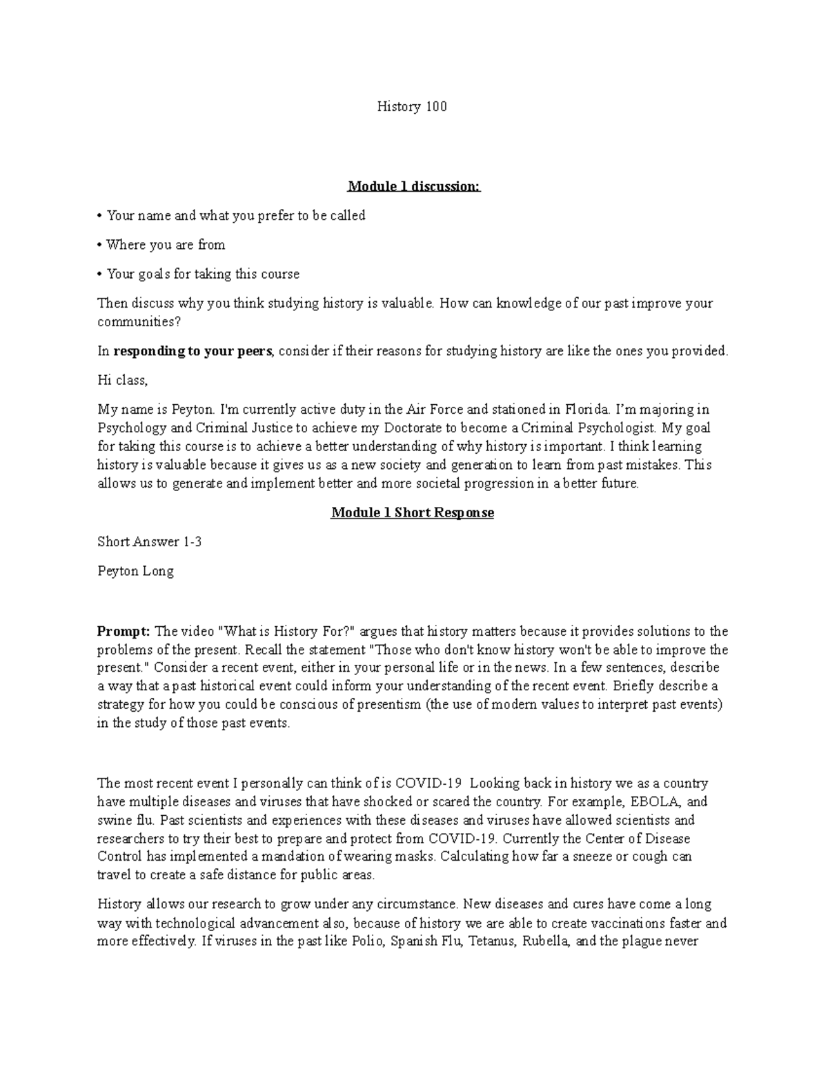 HIS 100 2021 - Module 1 Discussion, Module 1 Short Response and Module ...